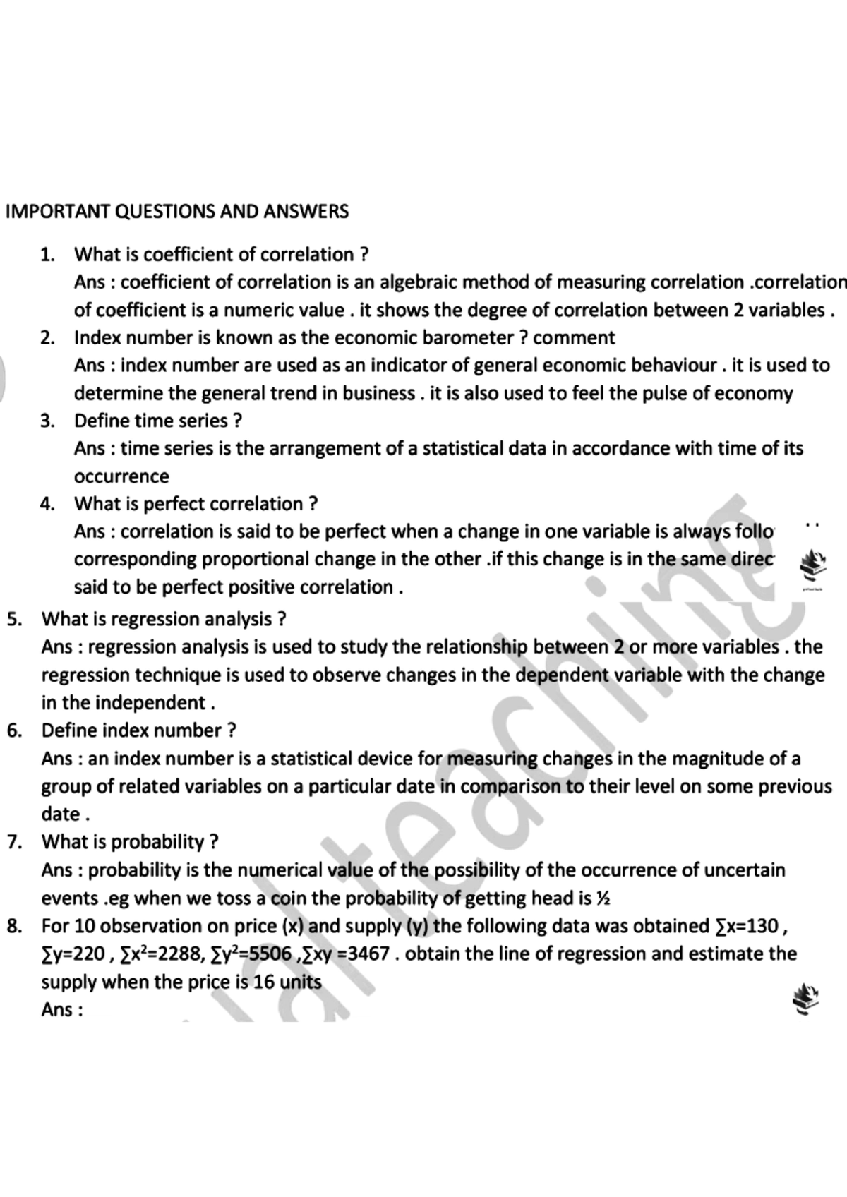 Quantitative Techniques 1 Important Questions And Answers 1 What Is Coefficient Of