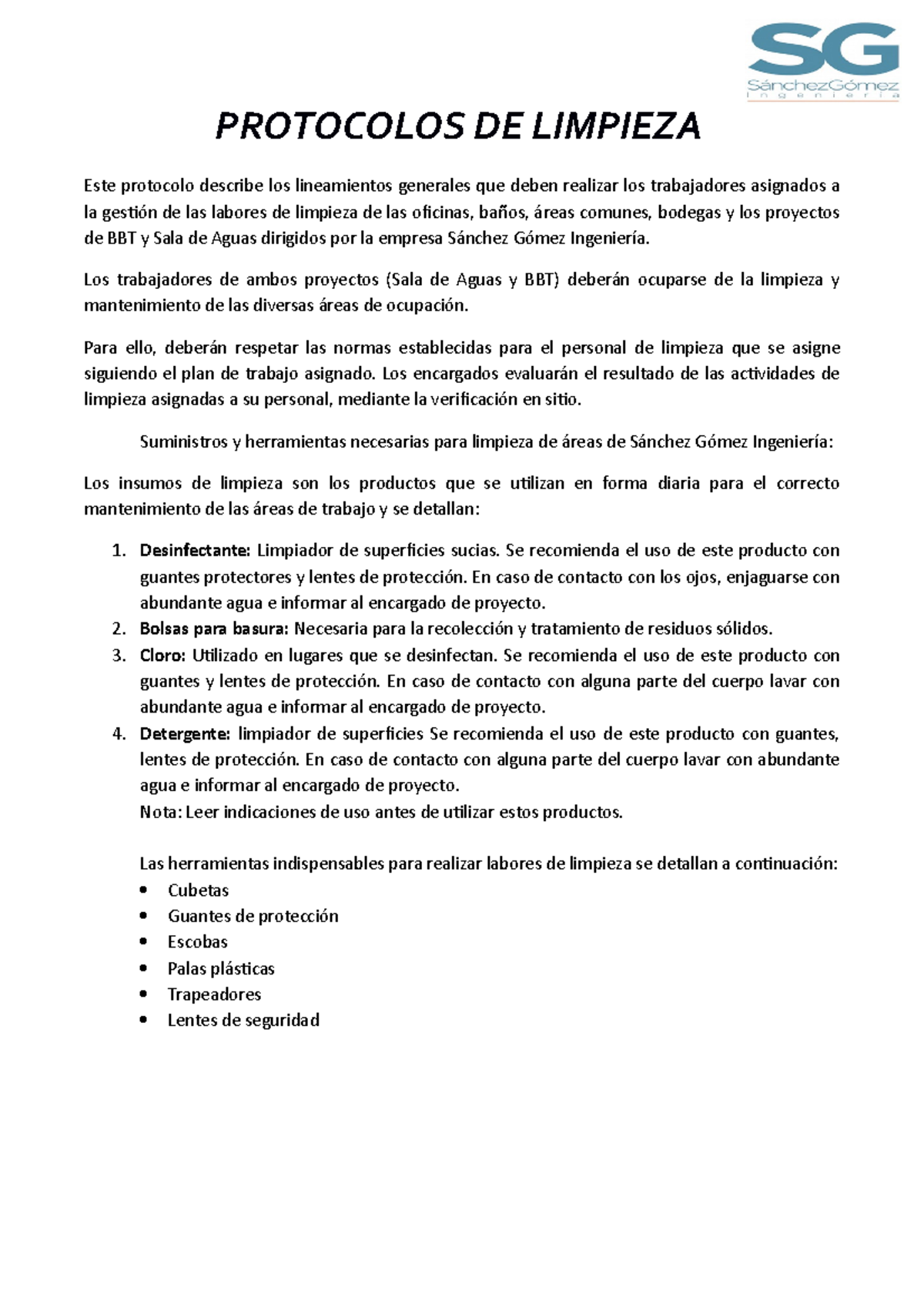 Protocolos de limpieza - Este protocolo describe los lineamientos generales que deben realizar ...