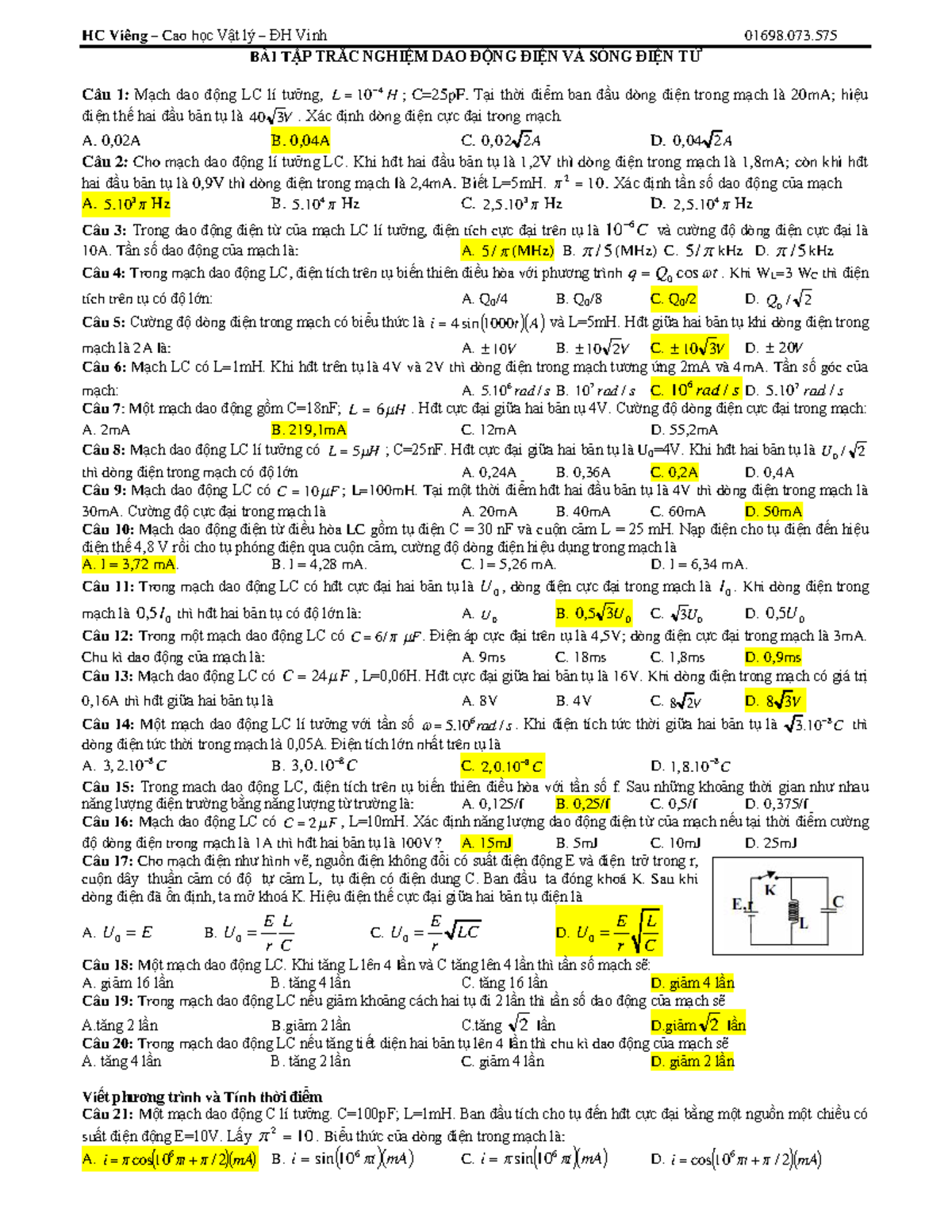 Bai tap mach dao dong song dien tu - ####### BÀI TẬP TRẮC NGHIỆM DAO ...