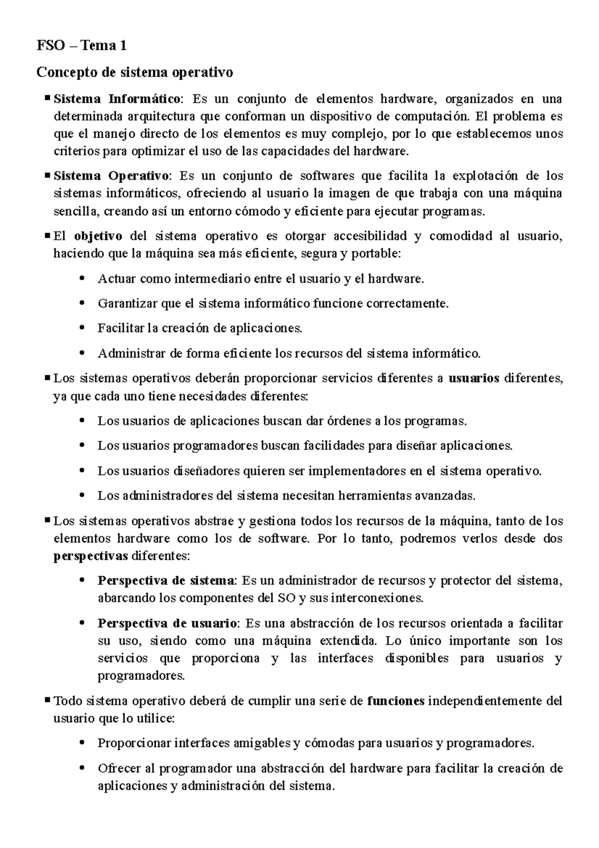 FSO - Tema 1 - Resumen de las trasparencias del tema - Fundamentos de sistemas operativos - Studocu
