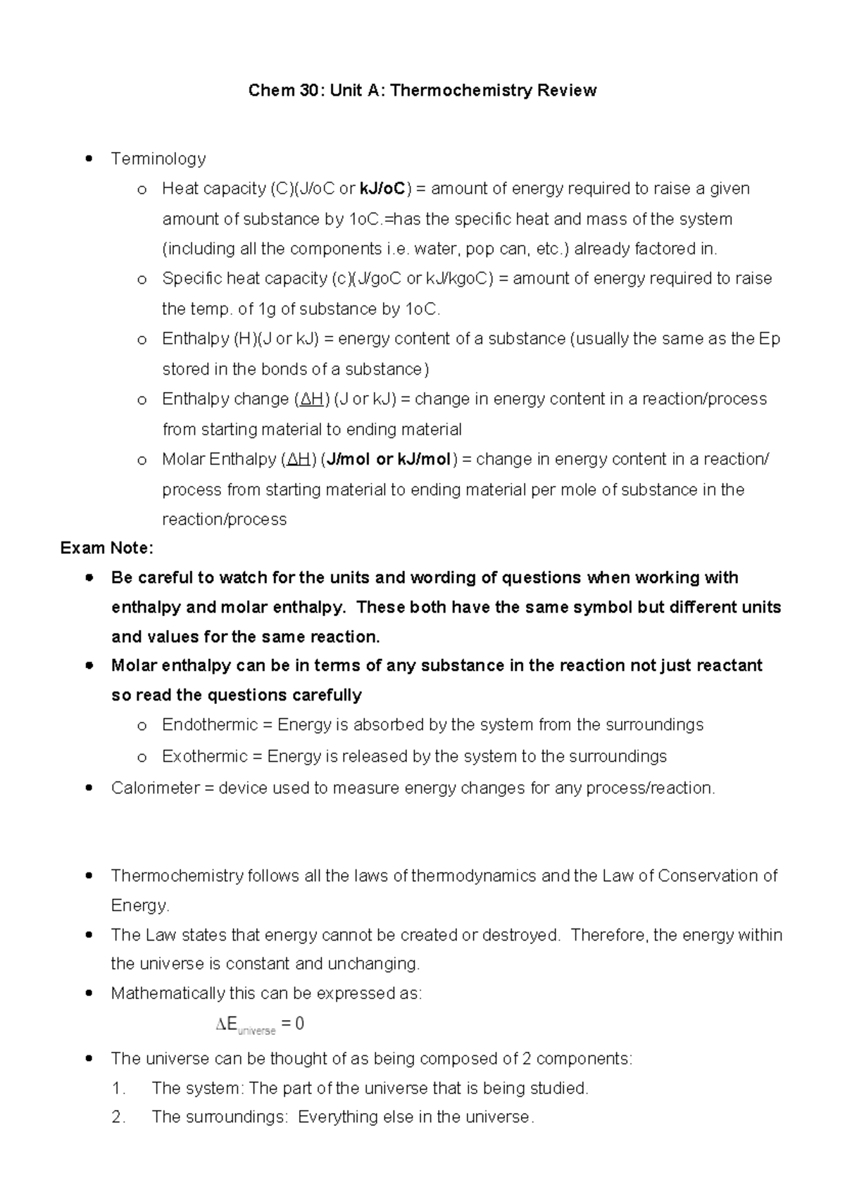 C30.UA.Thermochem review - Chem 30: Unit A: Thermochemistry Review ...