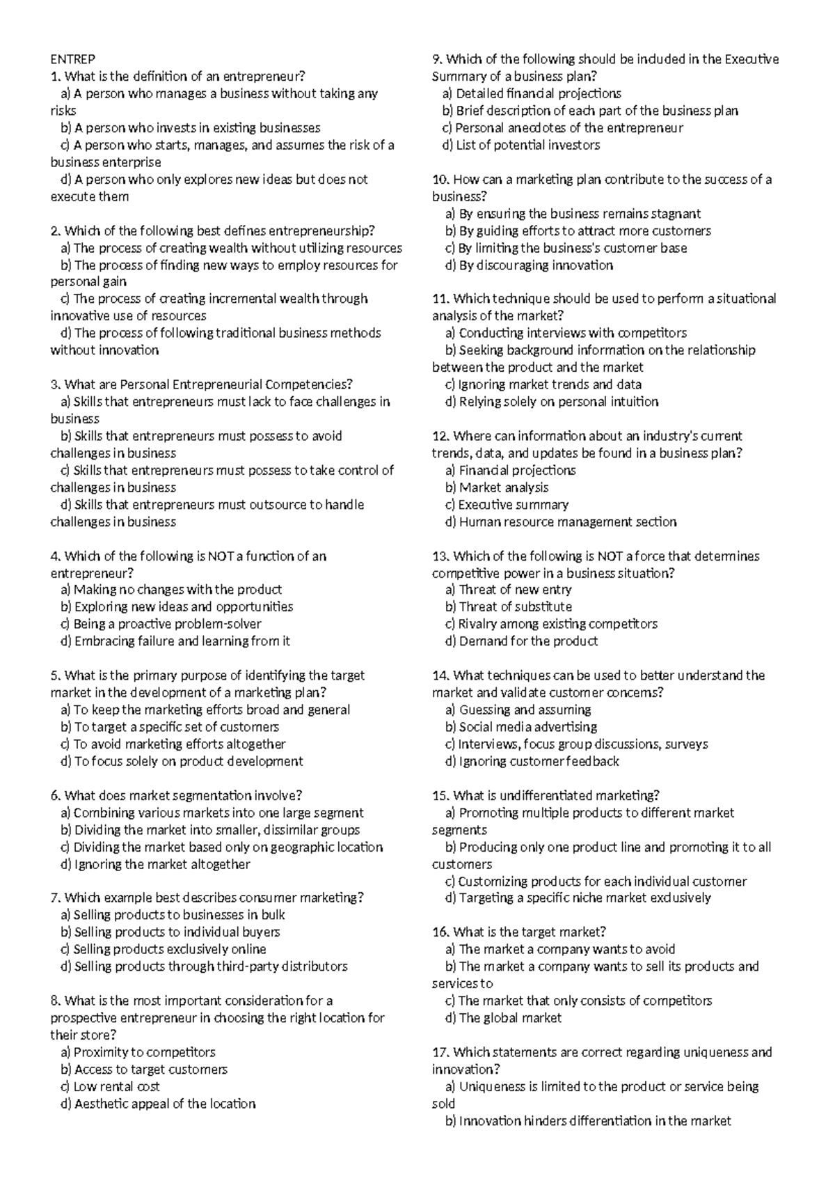 Entrep - ENTREP What is the definition of an entrepreneur? a) A person ...