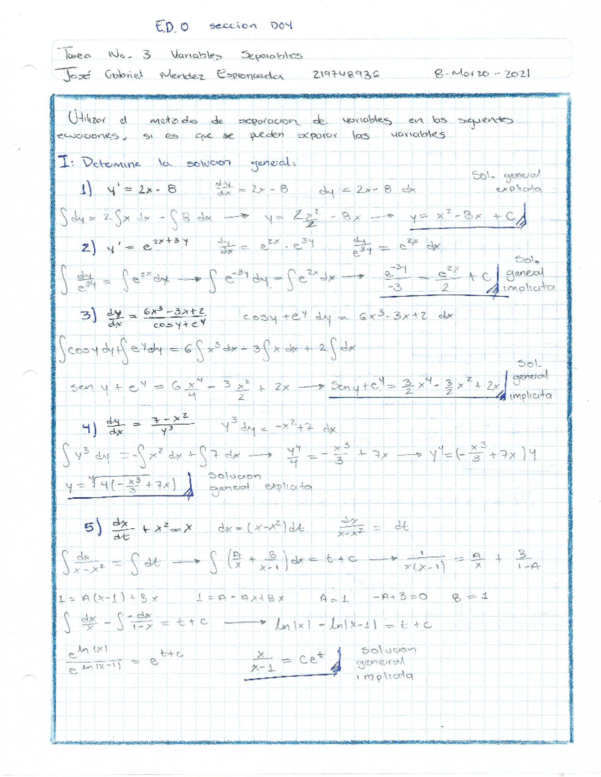 Tarea No. 3 Variables Separables - Ecuaciones diferenciales ordinarias I - Studocu