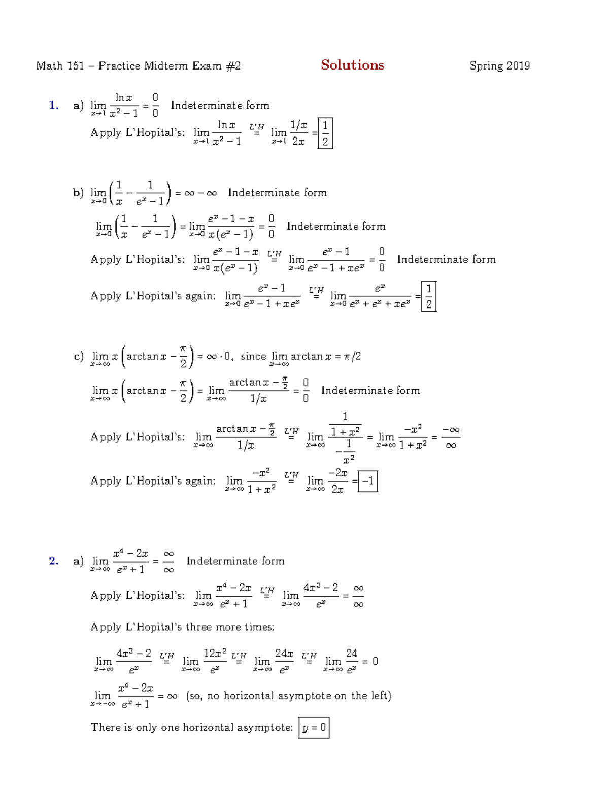 151practice Midterm 2 Spring 2019 Solutions Math 151 Practice Midterm Exam 2 Solutions
