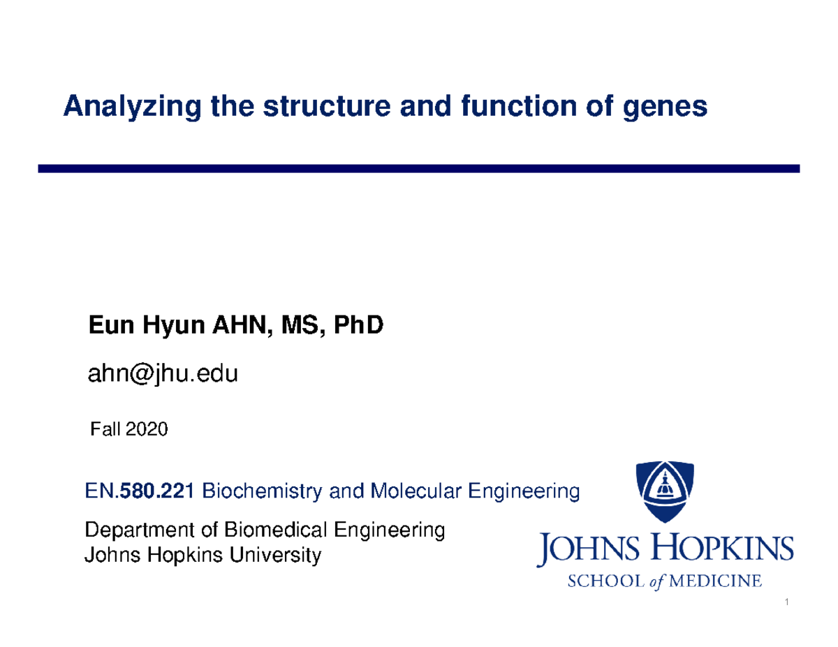 Ahn Lecture 7 Gene Func 202011 18 Ahn(Student) - EN. 580 Biochemistry ...