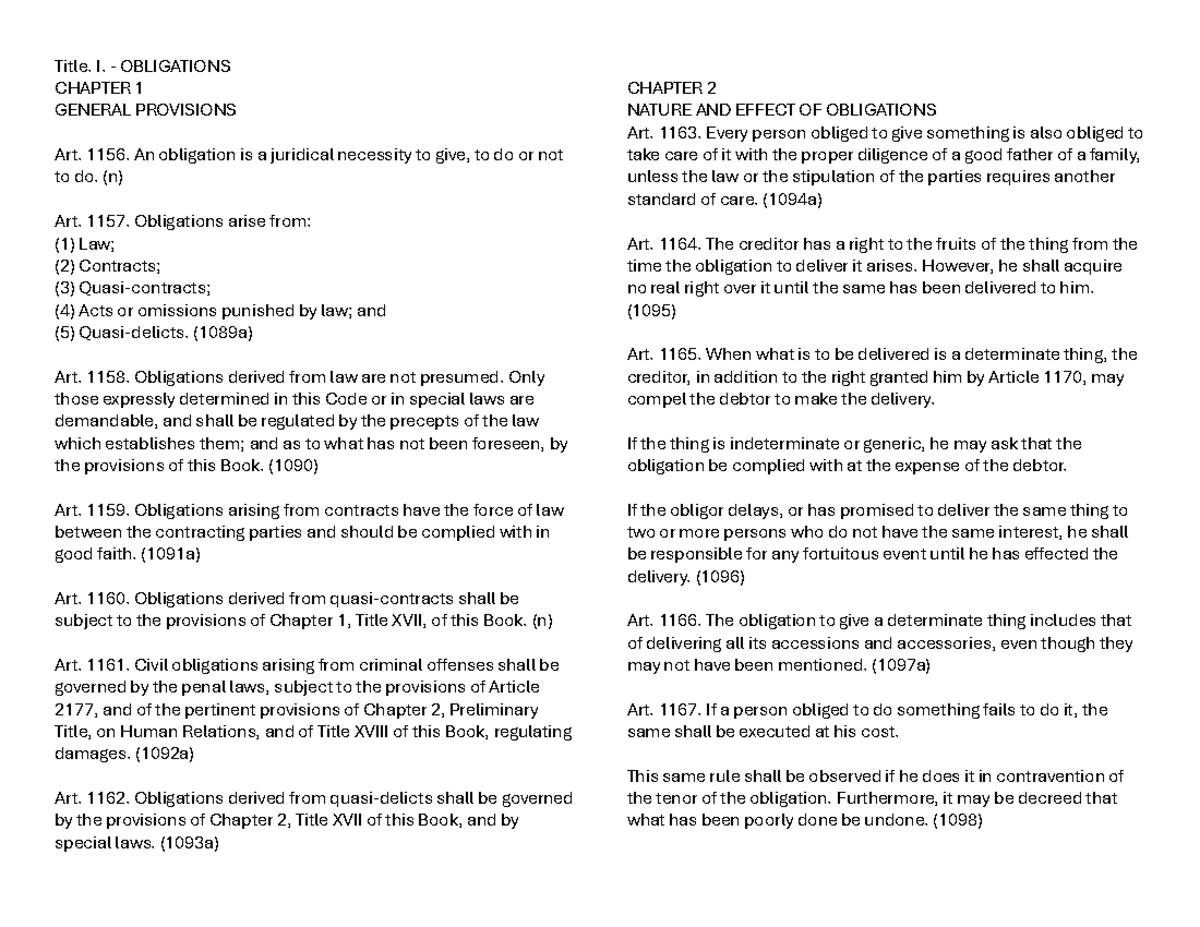 Obligations - Title. I. - OBLIGATIONS CHAPTER 1 GENERAL PROVISIONS Art. 1156. An obligation is a ...