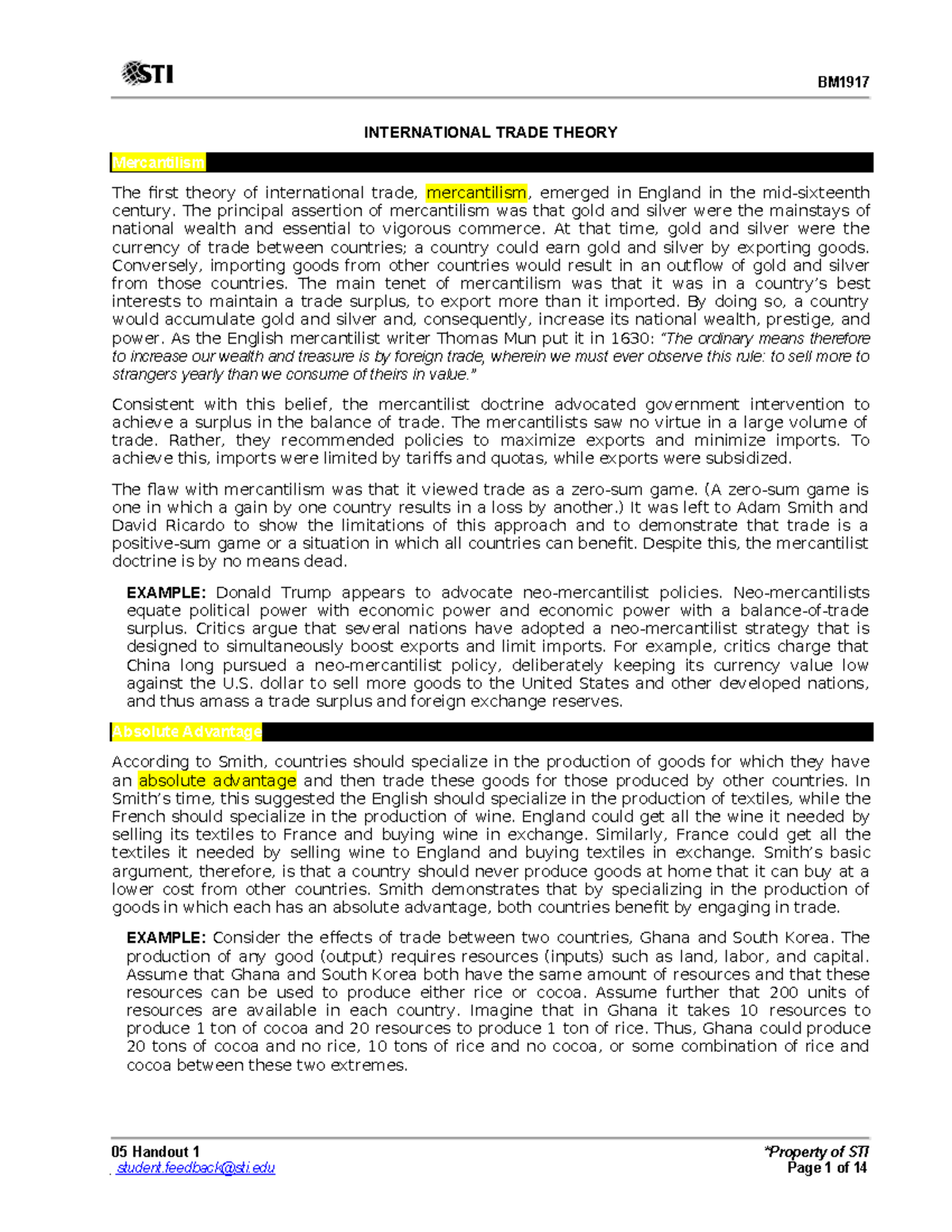 05 Handout 115 - notes - Mercantilism Absolute Advantage 05 Handout 1 ...