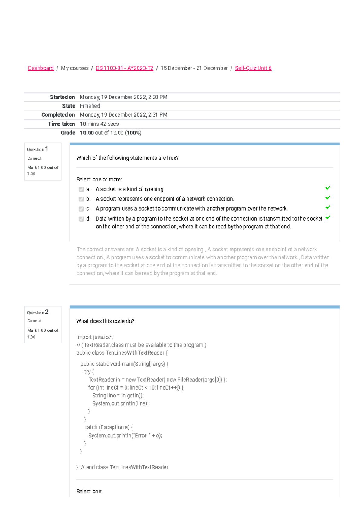 Self Quiz Unit 6 Attempt Review Question 1 Correct Mark 1 Out Of 1 Question 2 Correct Mark 1