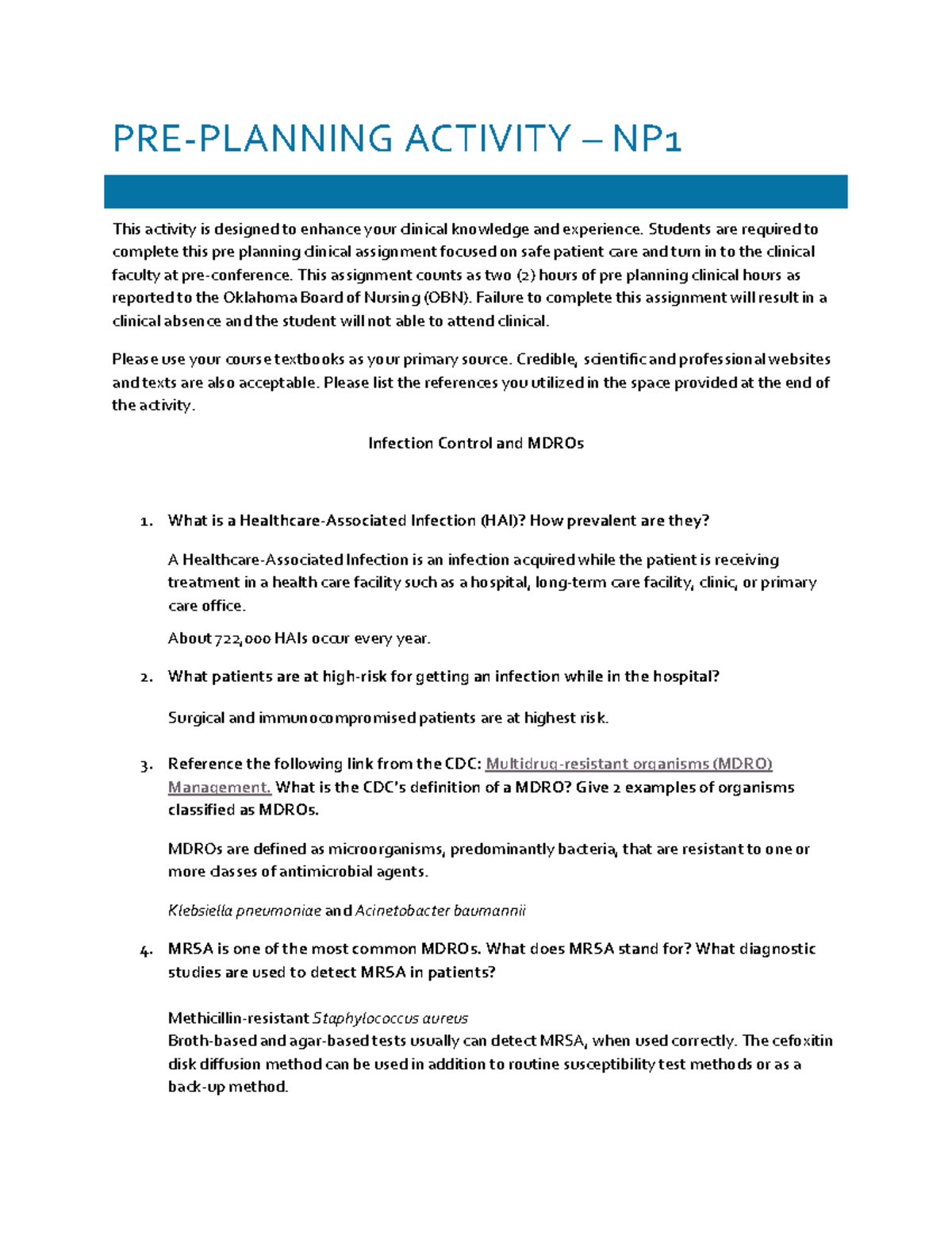 Pre Plan 3 Infection Control student - PRE-PLANNING ACTIVITY – NP This ...