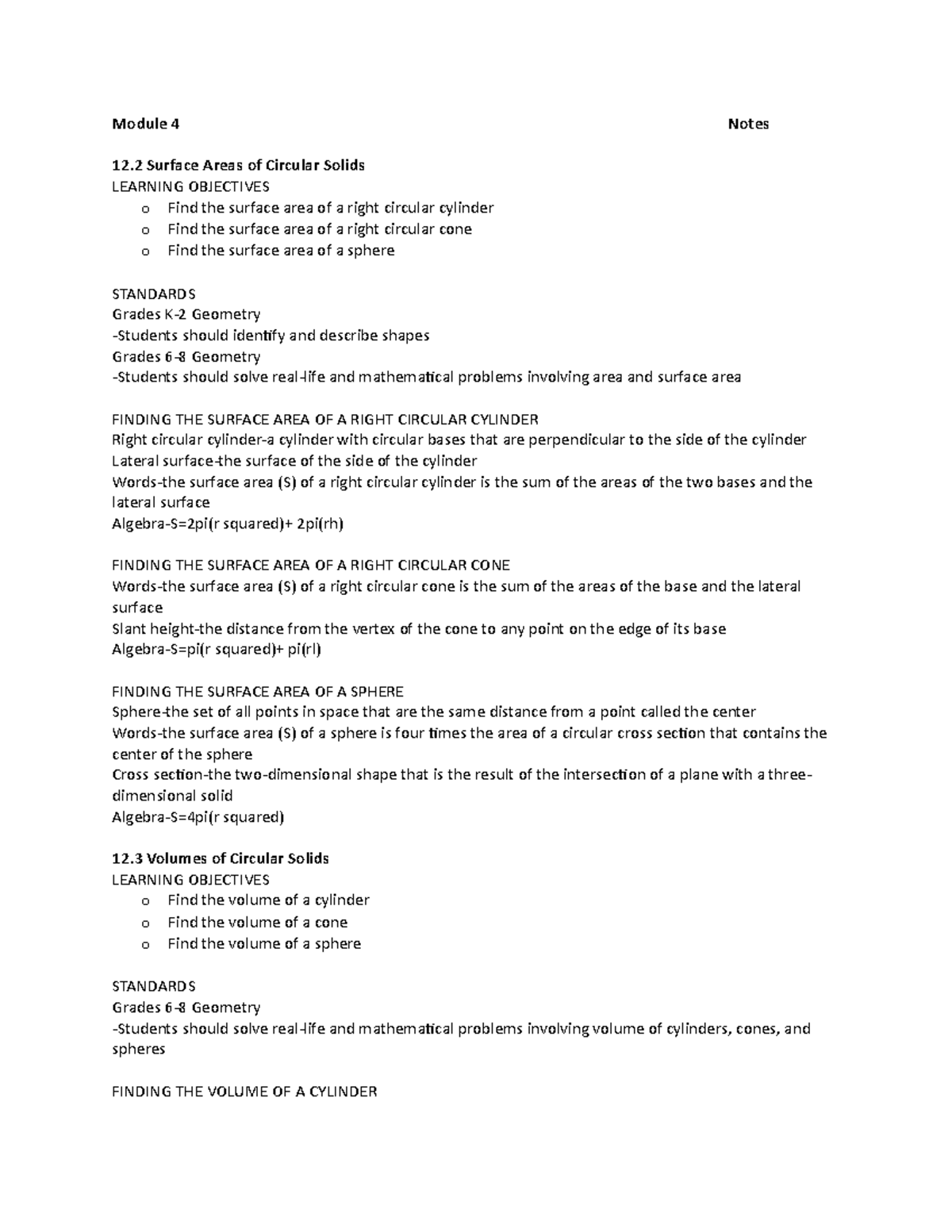 Module 4 (Section 12) - Module 4 Notes 12 Surface Areas of Circular ...
