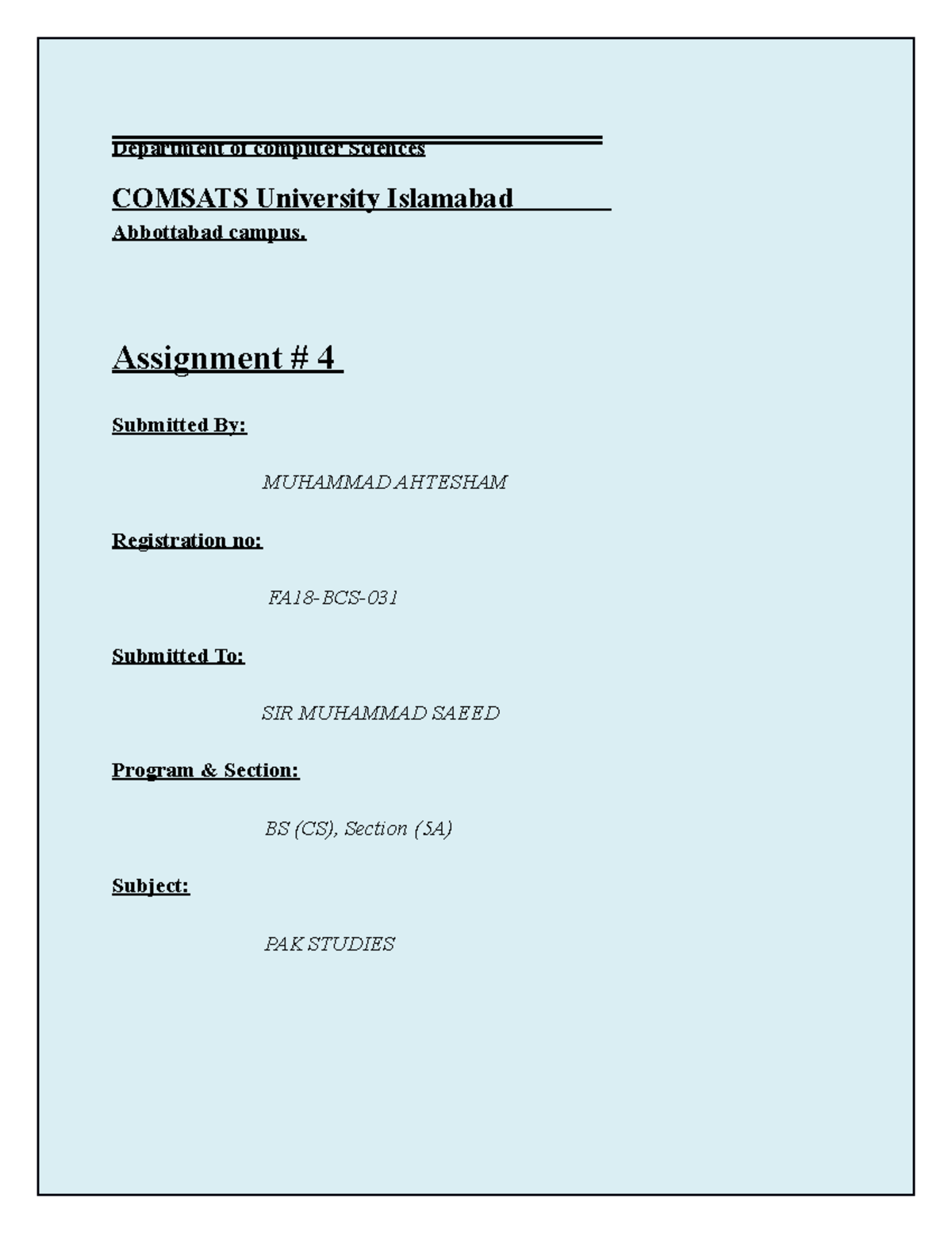 Assignment 4 PAK Study - Department of computer Sciences COMSATS ...