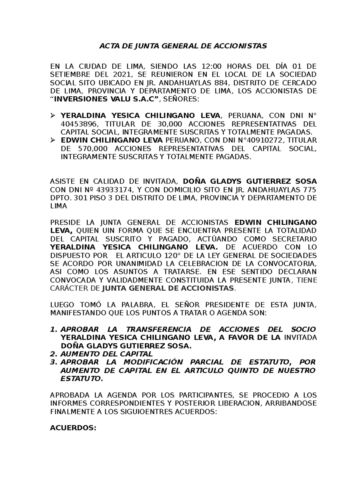 ACTA DE Junta General DE Accionistas - ACTA DE JUNTA GENERAL DE ACCIONISTAS EN LA CIUDAD DE LIMA ...