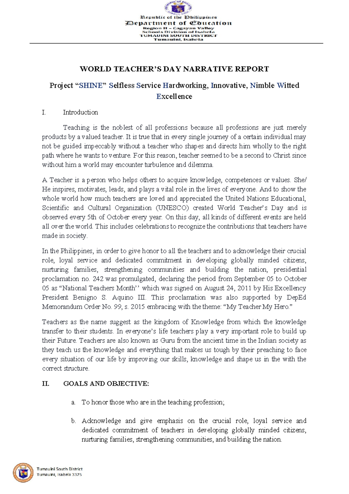 Teachers DAY Accomplishemnt Report 23 - WORLD TEACHER’S DAY NARRATIVE ...