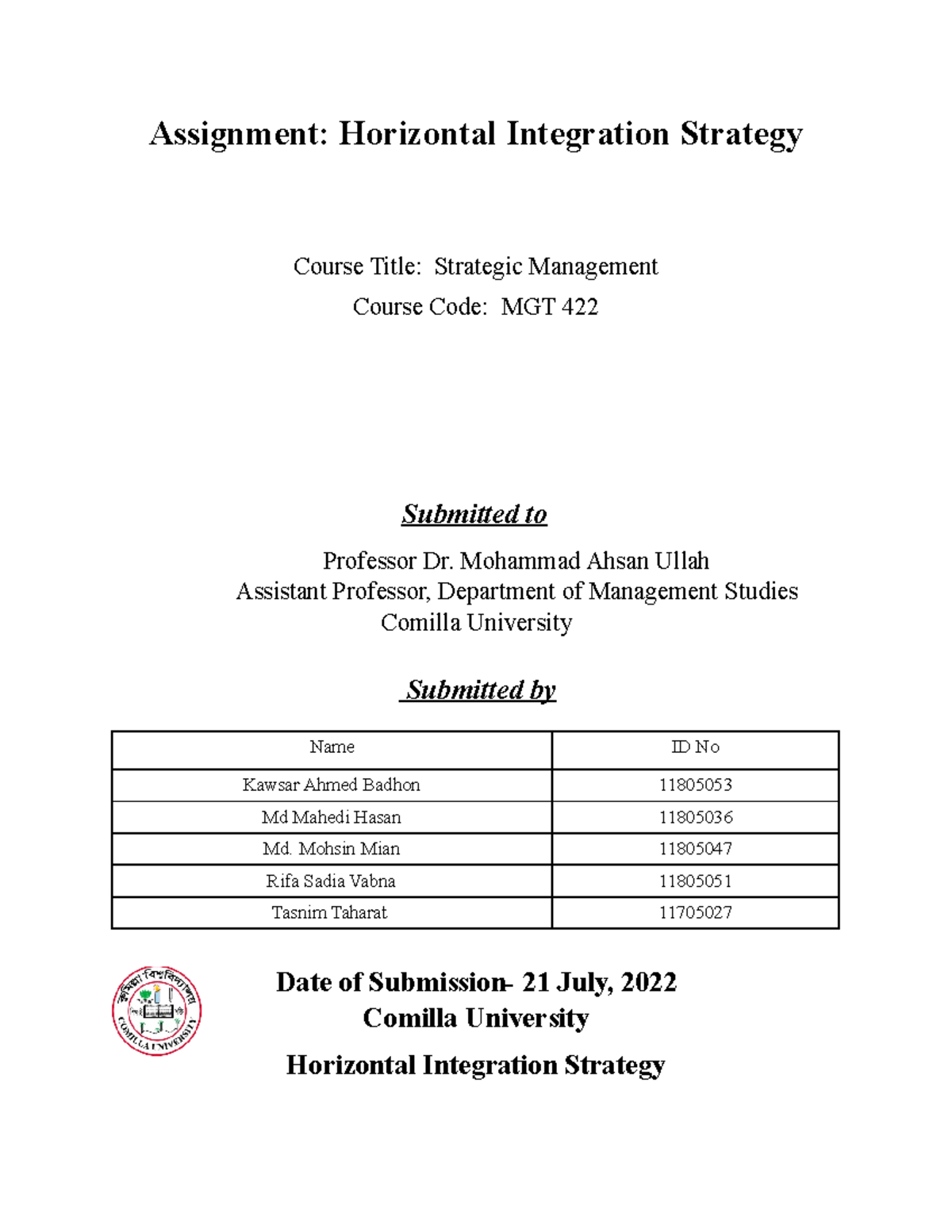 Asg - Management studies - Assignment: Horizontal Integration Strategy ...