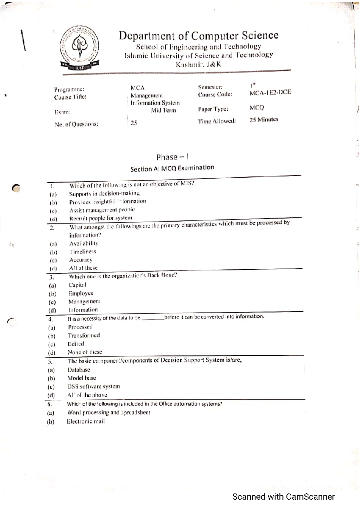 Mis ist - Document contains MCQS for MANAGEMENT INFORMATION SYSTEMS ...