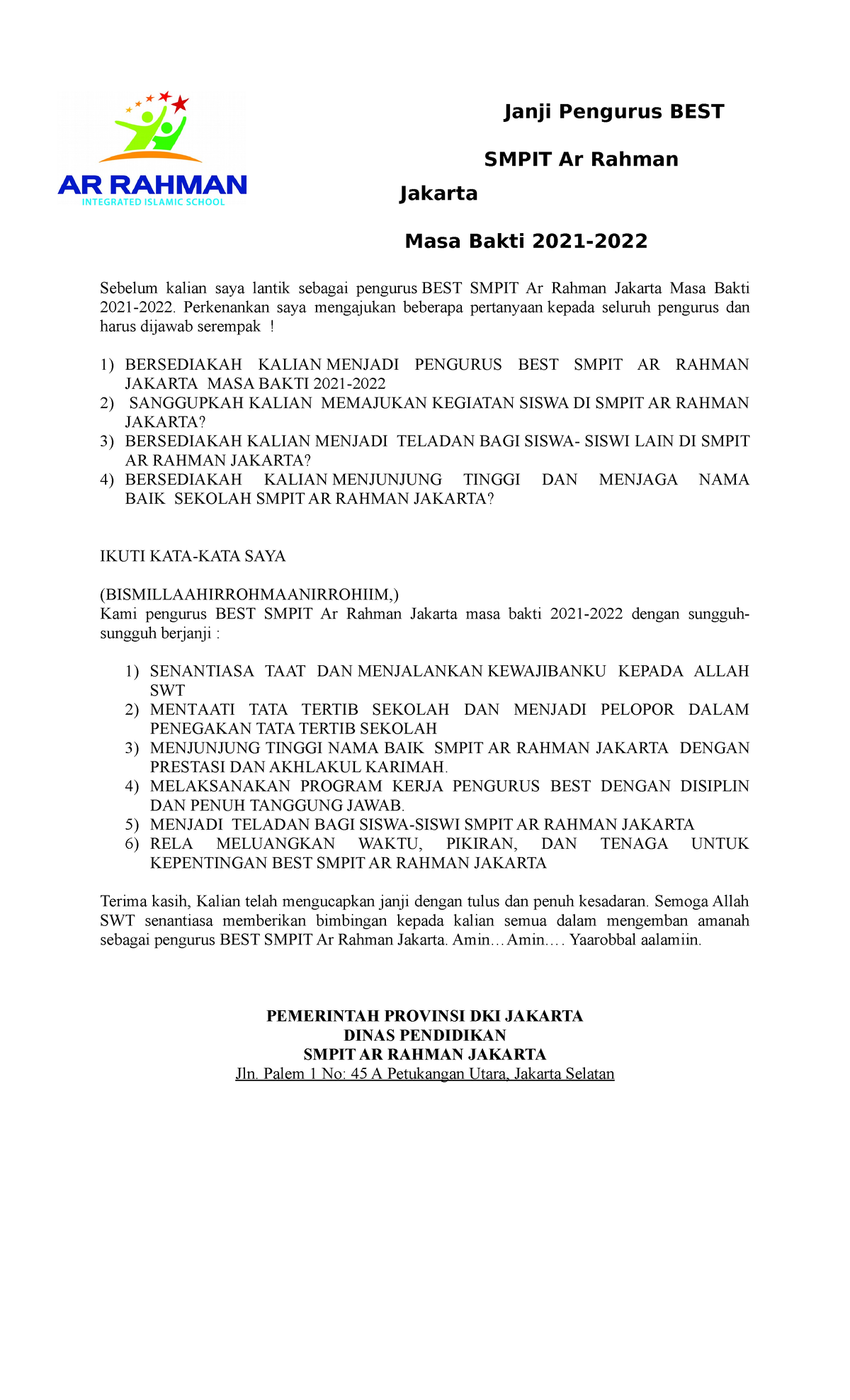 Janji Pengurus 2021-2022 - Janji Pengurus BEST SMPIT Ar Rahman Jakarta ...