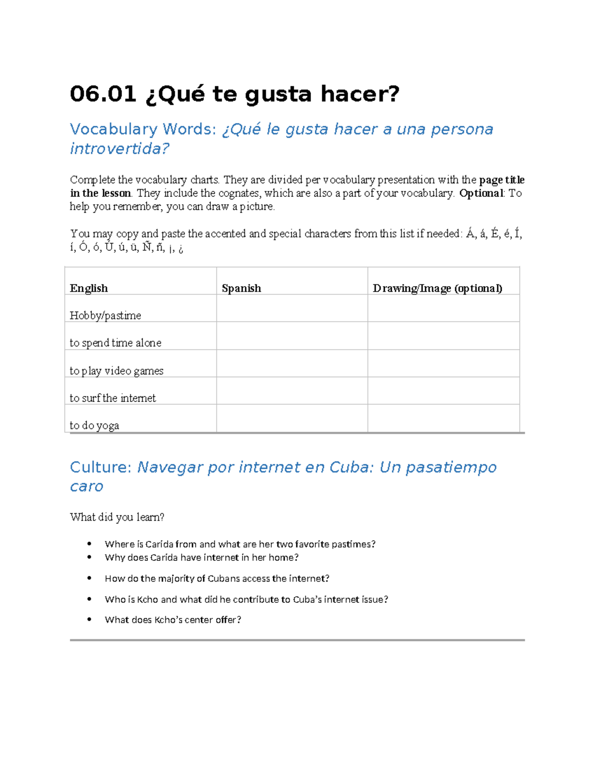 Helpful note guide for Spanish 1 semester 2 - 06 ¿Qué te gusta hacer ...