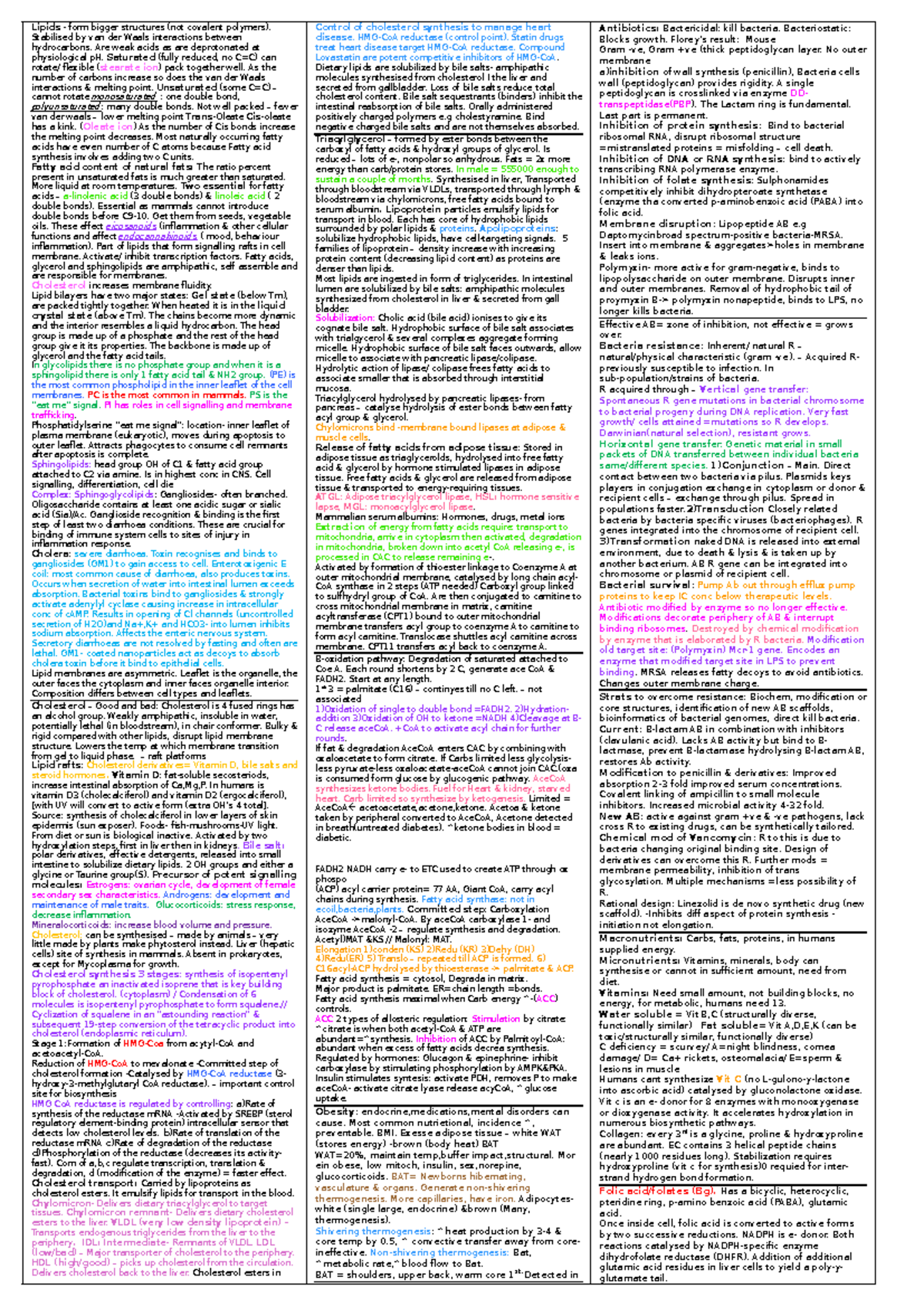 106 - Exam cheat sheet - Lipids - form bigger structures (not covalent ...