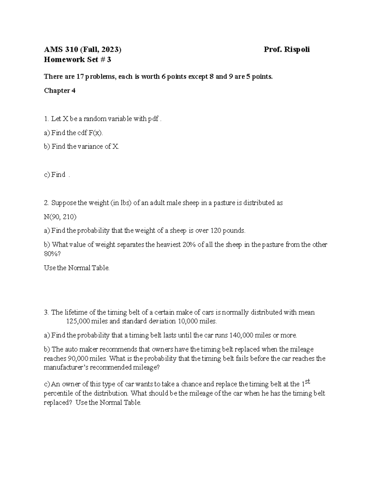 Ams 310 Fall 2023 Hw 3 Ams310 Hw3 Practice Ams 310 Fall 2023 Prof Rispoli Homework Set