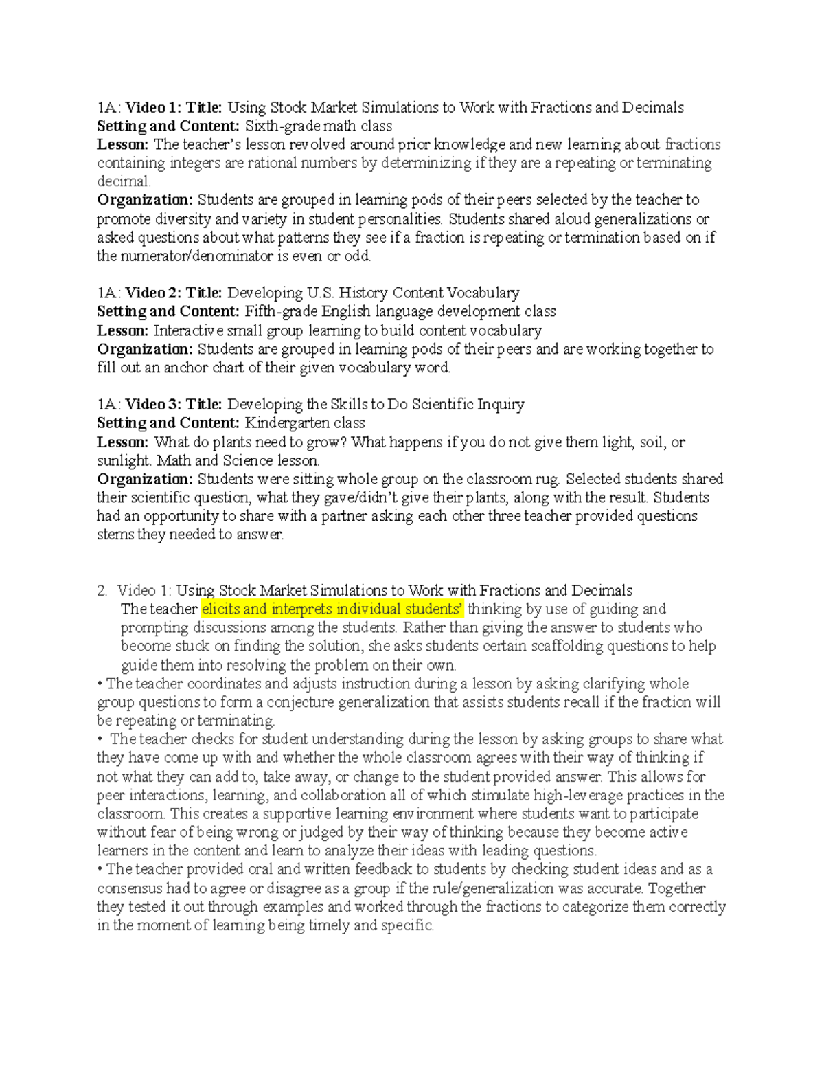 Task 3 - Video Observations task 3 responses for point of view - 1A ...