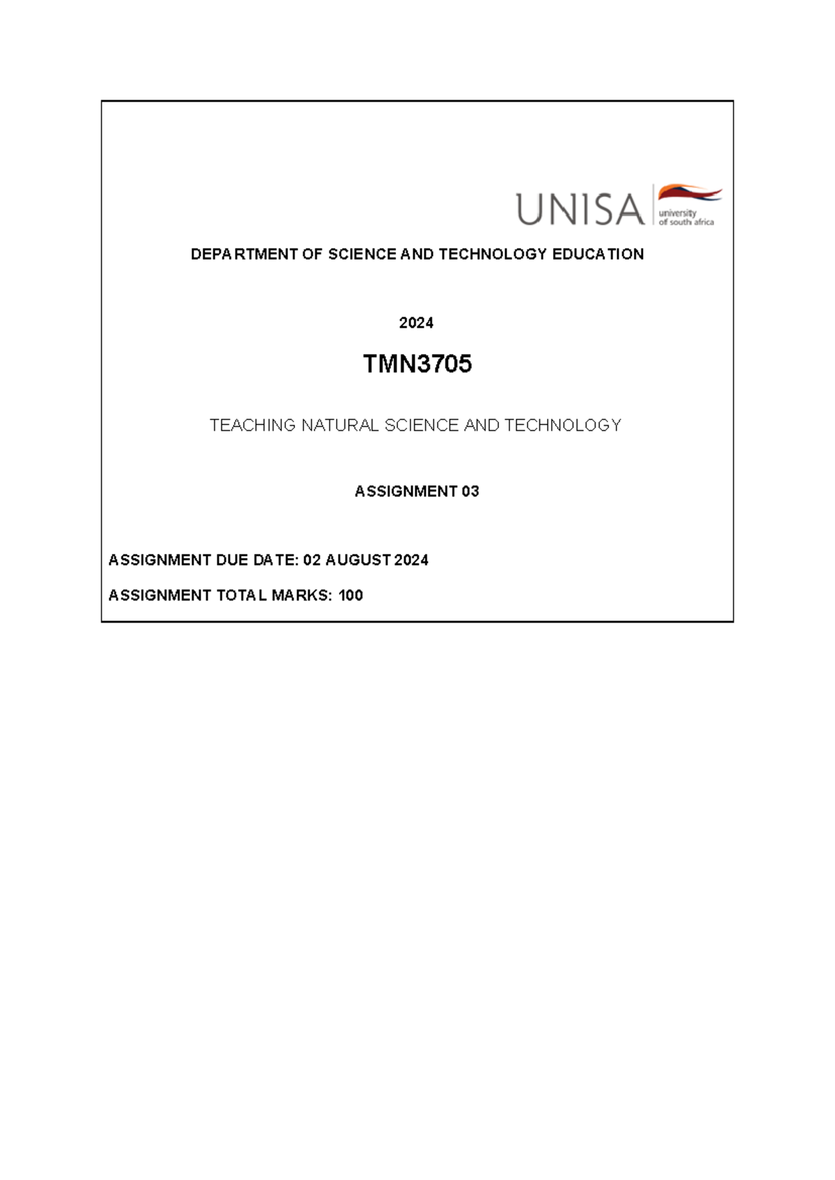 TMN3705 Assessment 3 Final - DEPARTMENT OF SCIENCE AND TECHNOLOGY ...