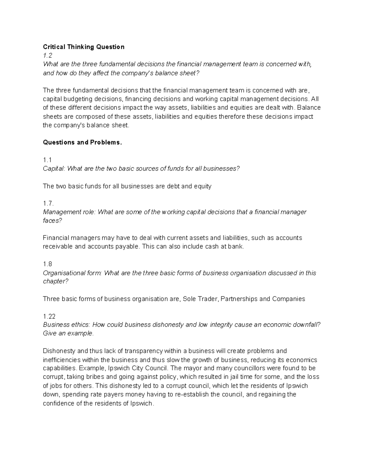 FIN111 Tutorial Questions - Critical Thinking Question 1. What are the ...