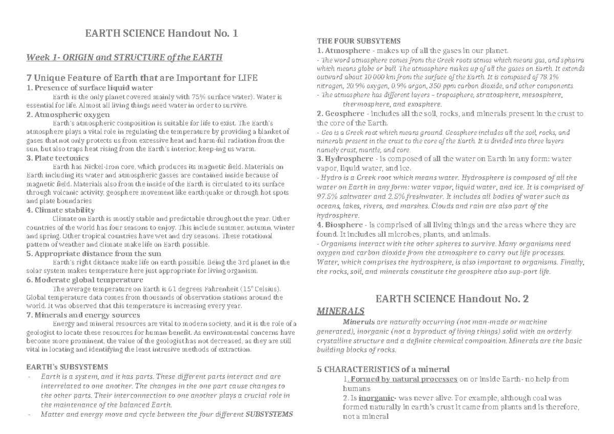 Earth Science Handout No1 and 2 - EARTH SCIENCE Handout No. 1 Week 1 ...
