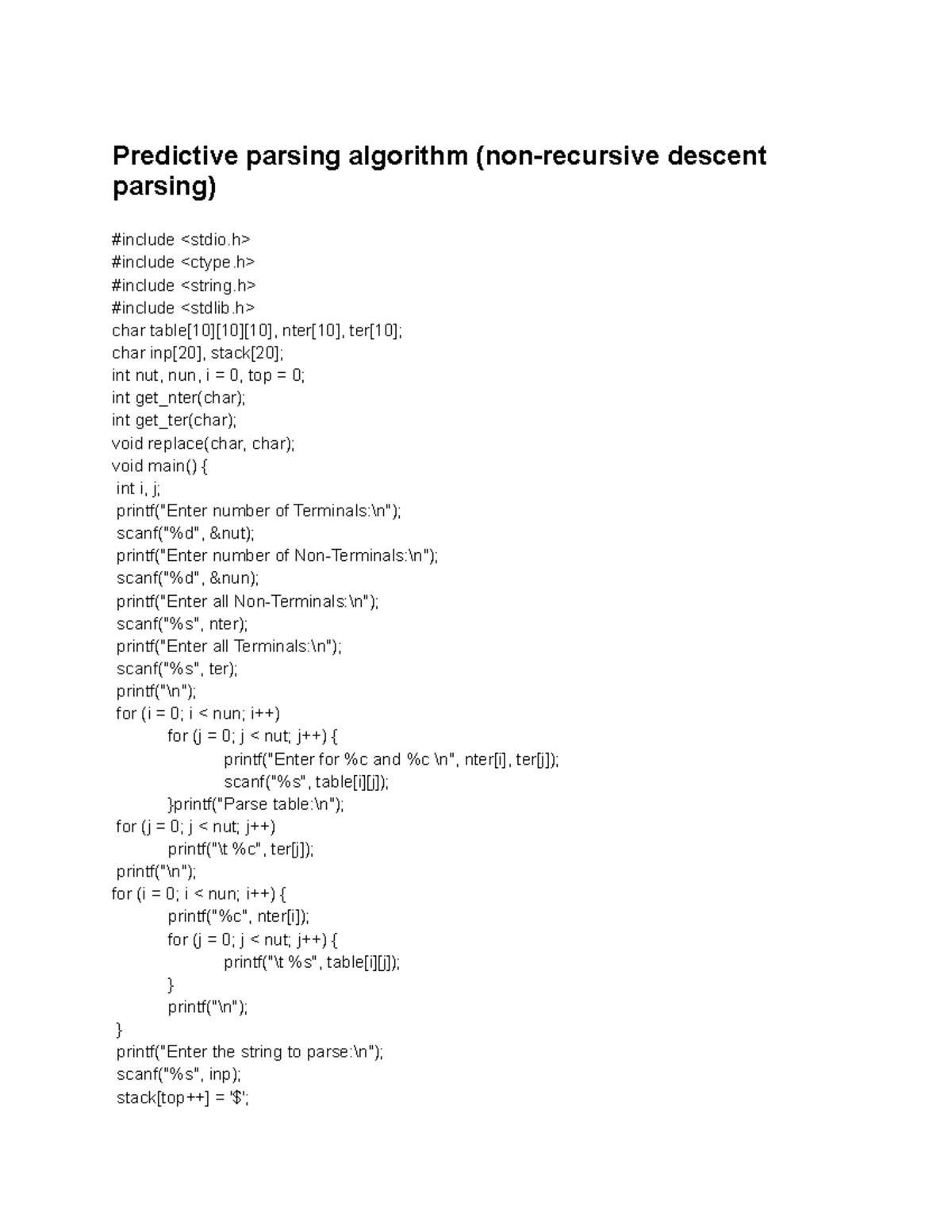Cd lab - to get knowledge and teach to students - Predictive parsing algorithm (non-recursive ...