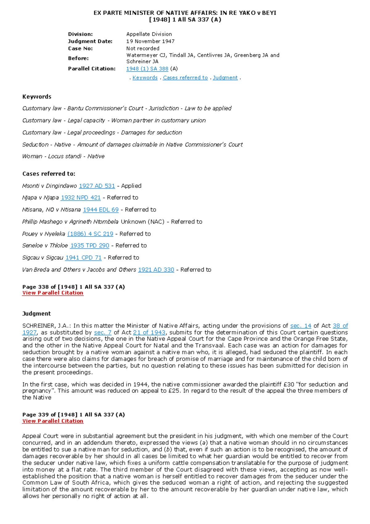 EX Parte Minister OF Native Affairs IN RE YAKO v BEYI [1948] 1 All SA ...
