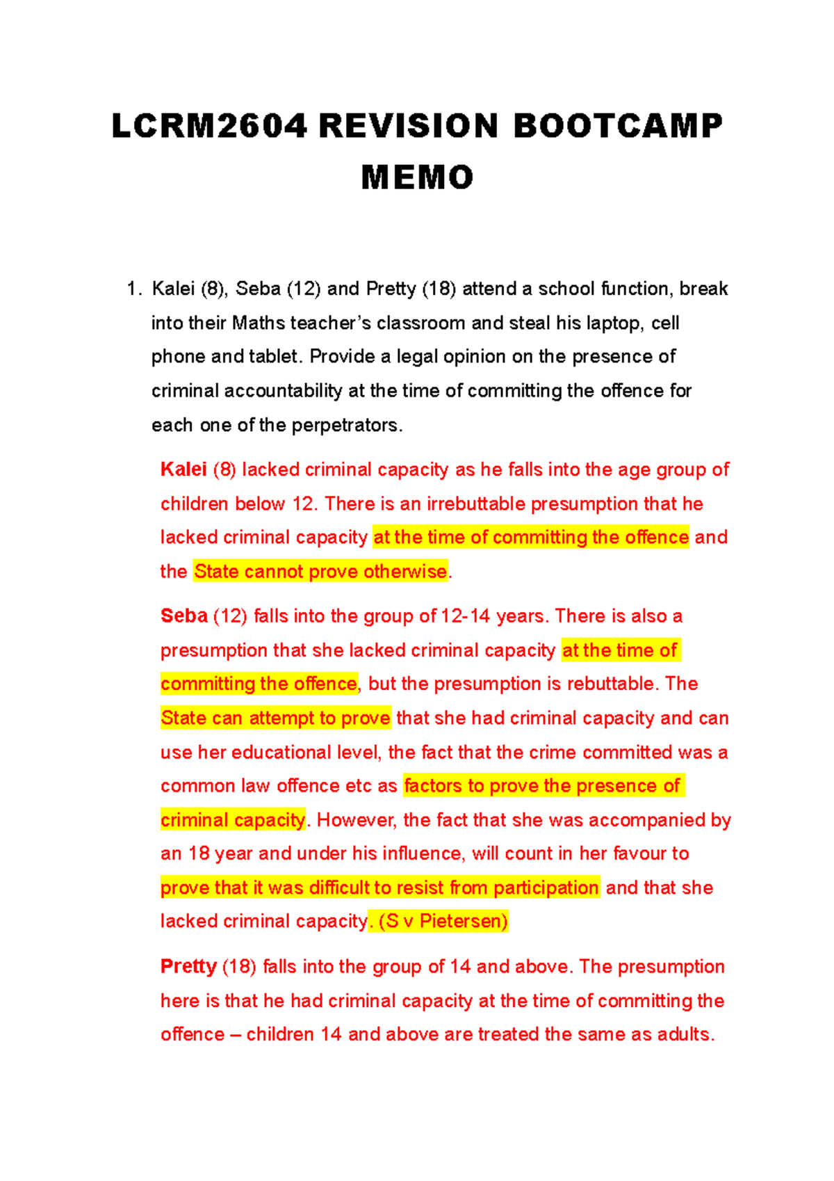 Bootcamp Revision MEMO - LCRM2604 REVISION BOOTCAMP MEMO Kalei (8 ...