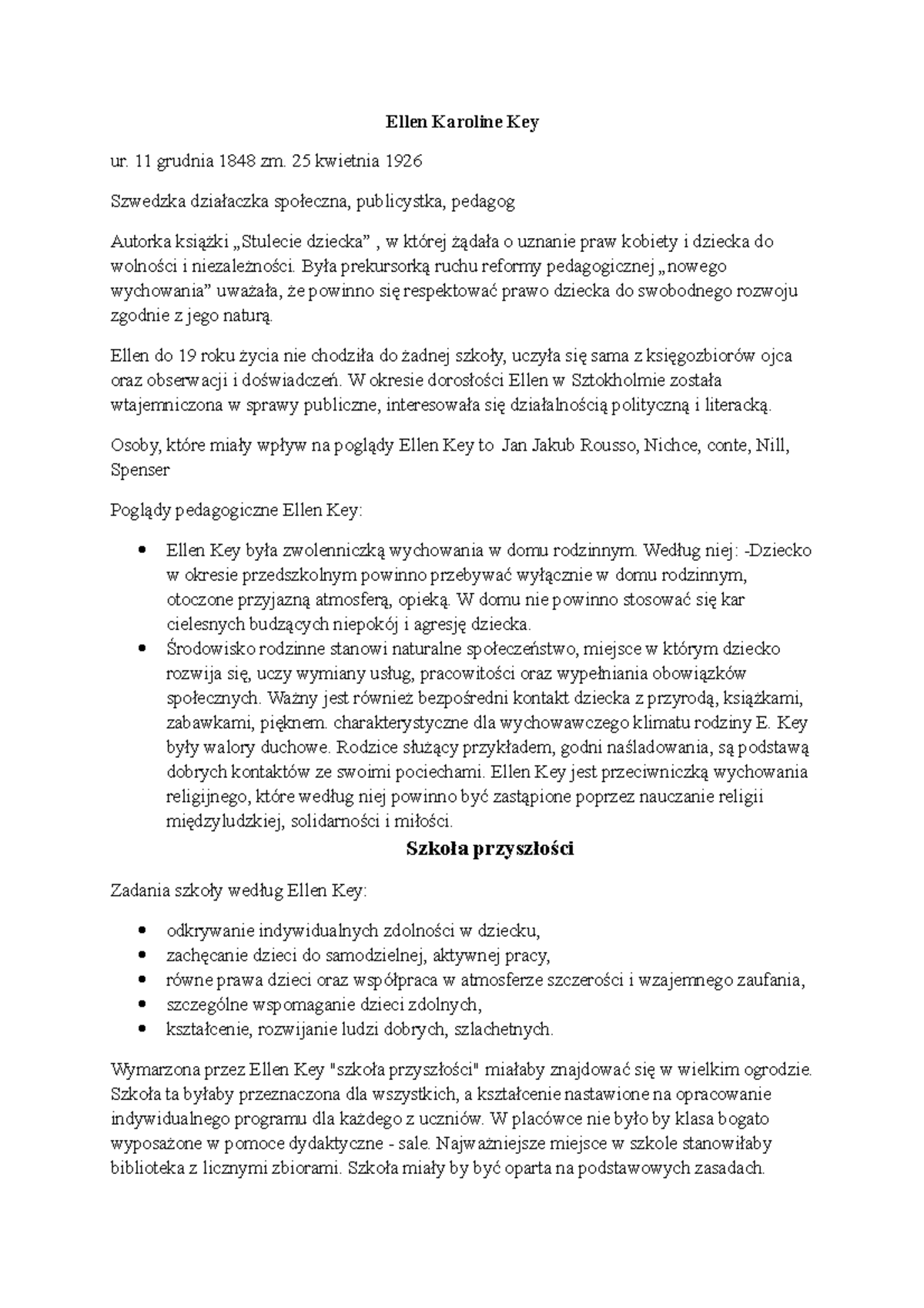 Ellen Key - notatki - Ellen Karoline Key ur. 11 grudnia 1848 zm. 25 ...