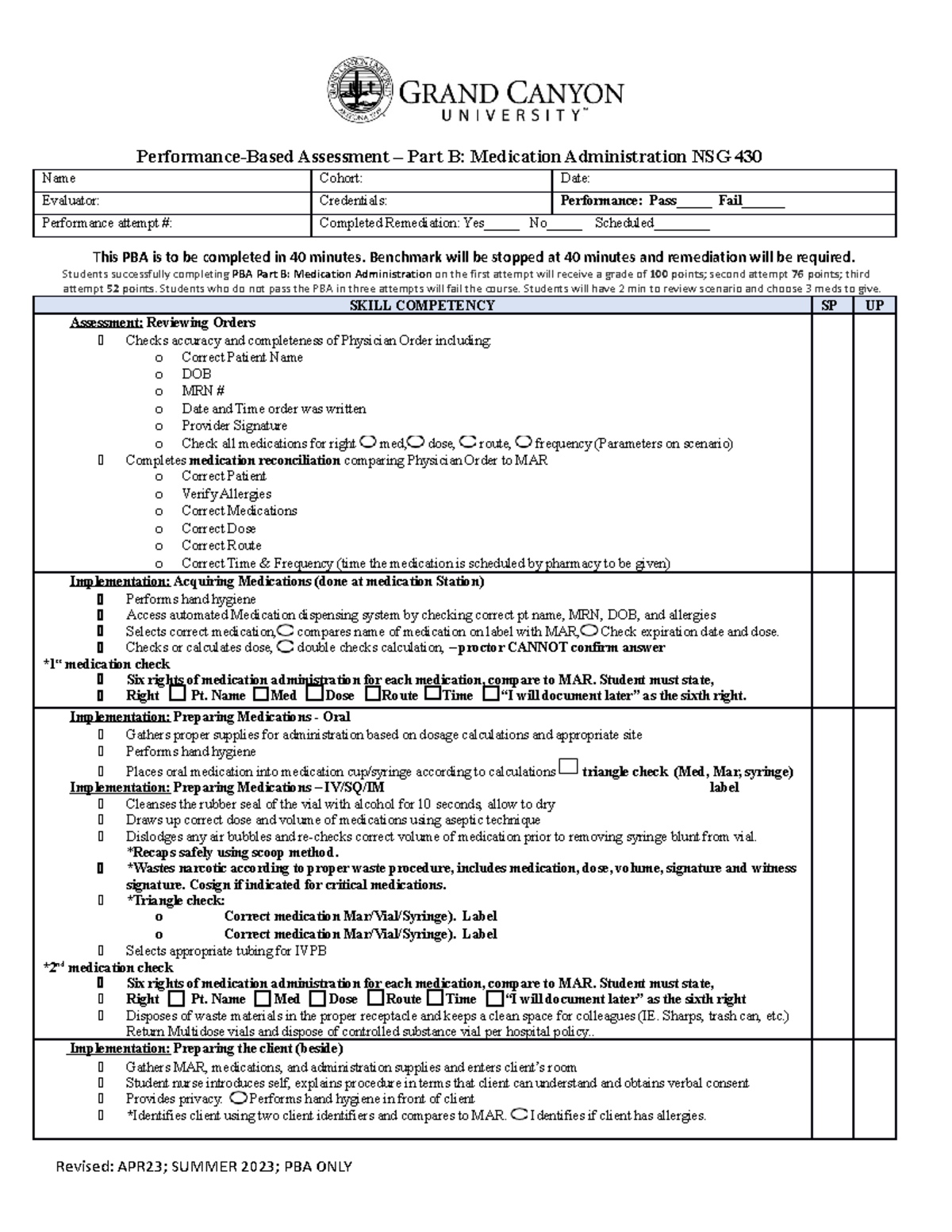 NSG 430 Part B Medication Administration PBA-2023 - Performance-Based ...