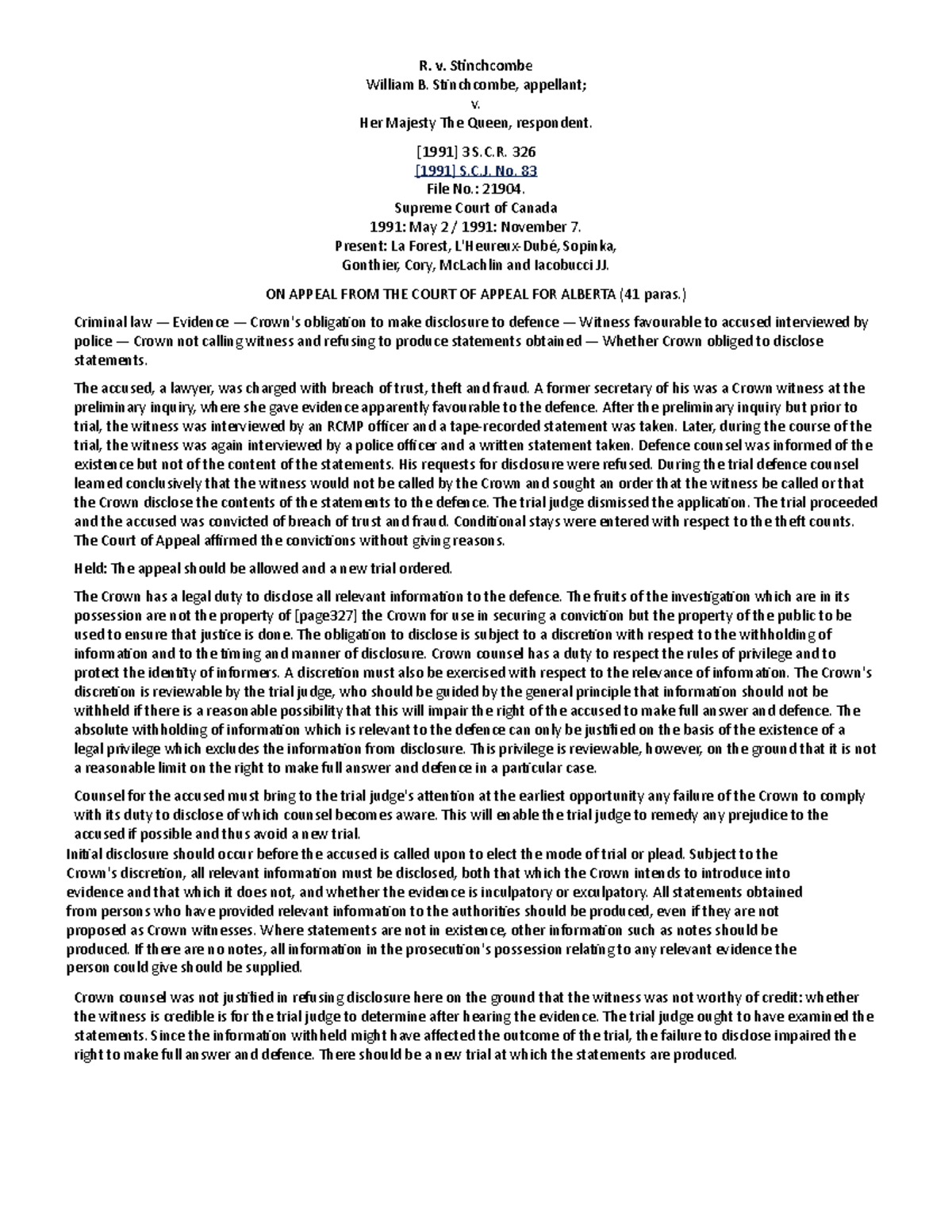 R. v. Stinchcombe - Case Summary - R. v. Stinchcombe William B ...