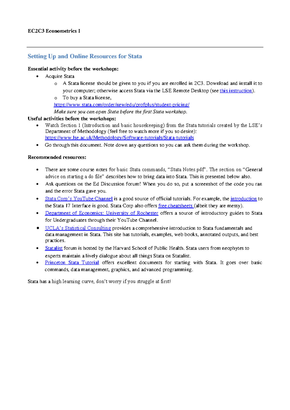 EC2C3 intro-to-stata - EC 2 C 3 Econometrics I Setting Up and Online Resources for Stata ...