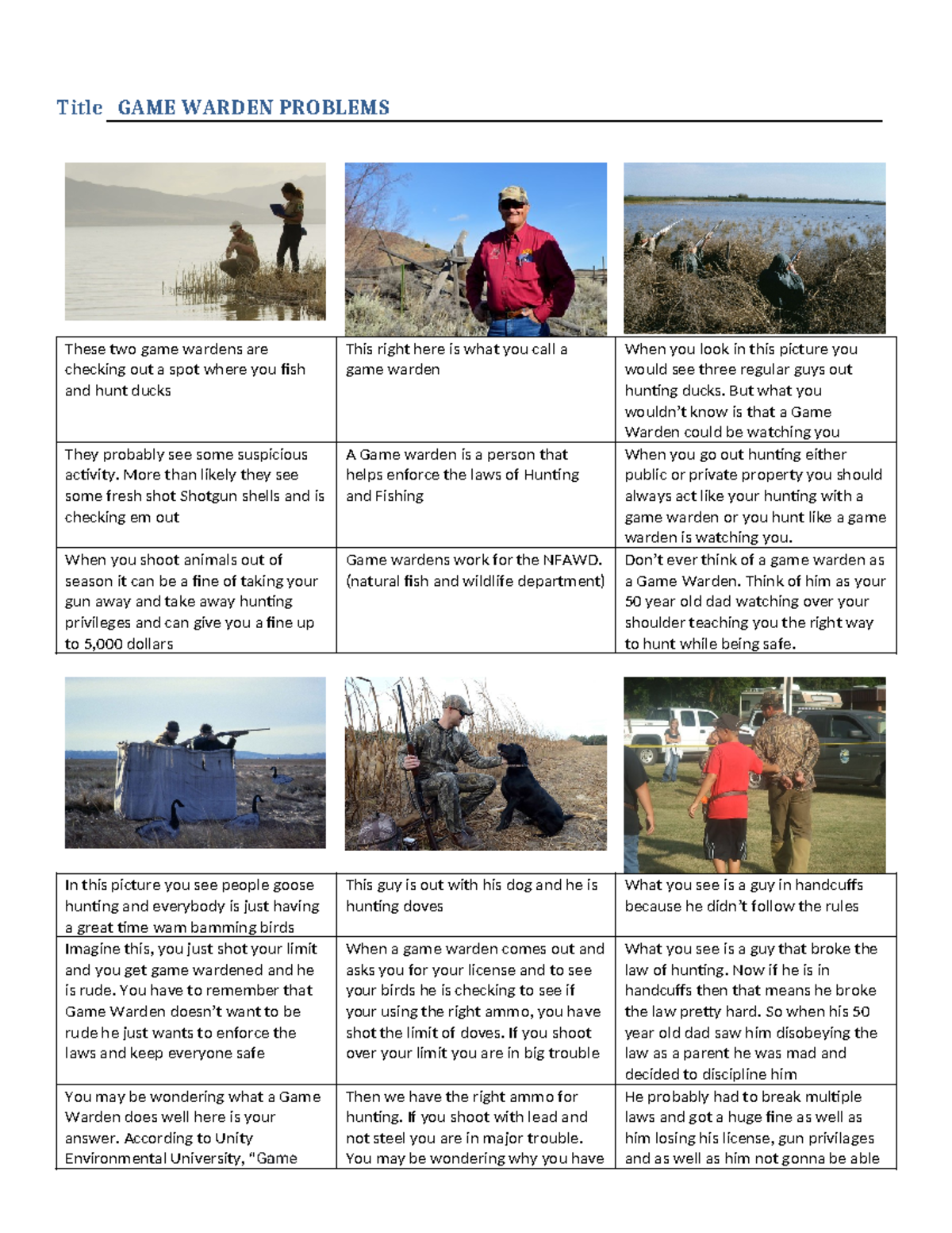 PSA Storyboard Template - Title GAME WARDEN PROBLEMS These two game ...