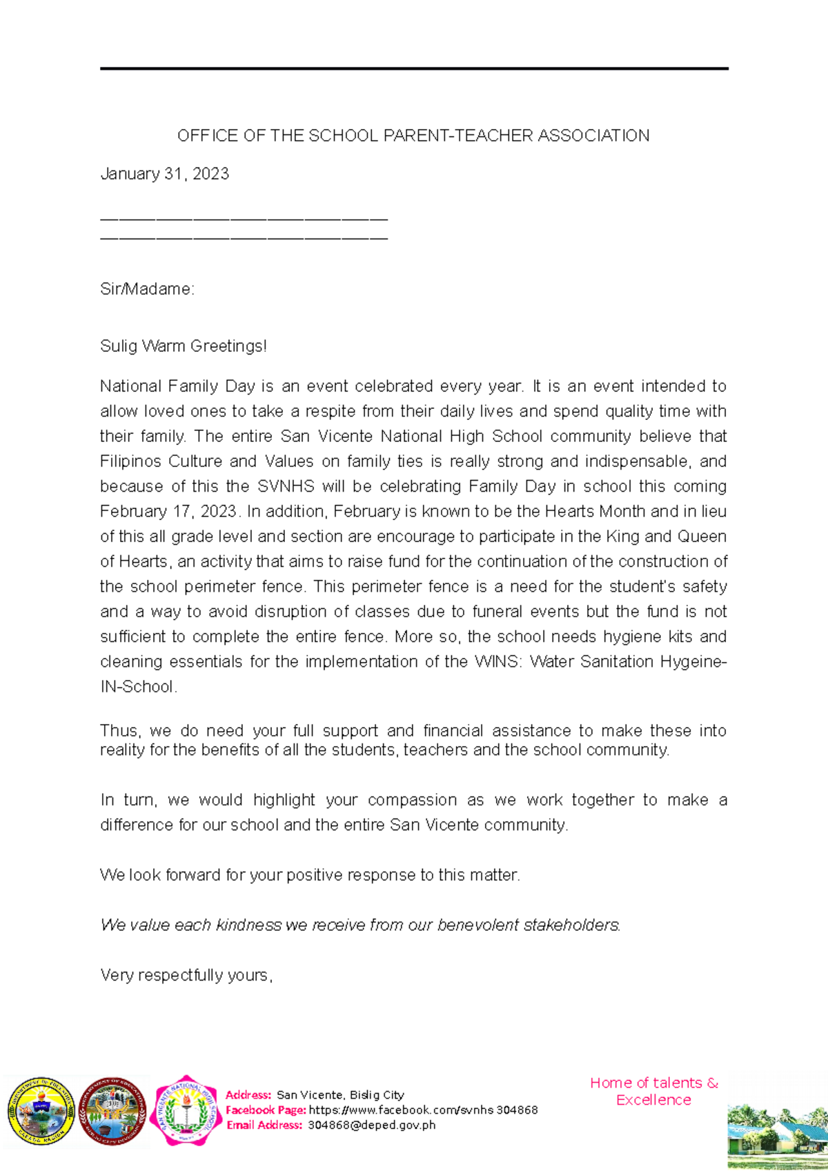 Solicitation letter - Math 9 - OFFICE OF THE SCHOOL PARENT-TEACHER ...