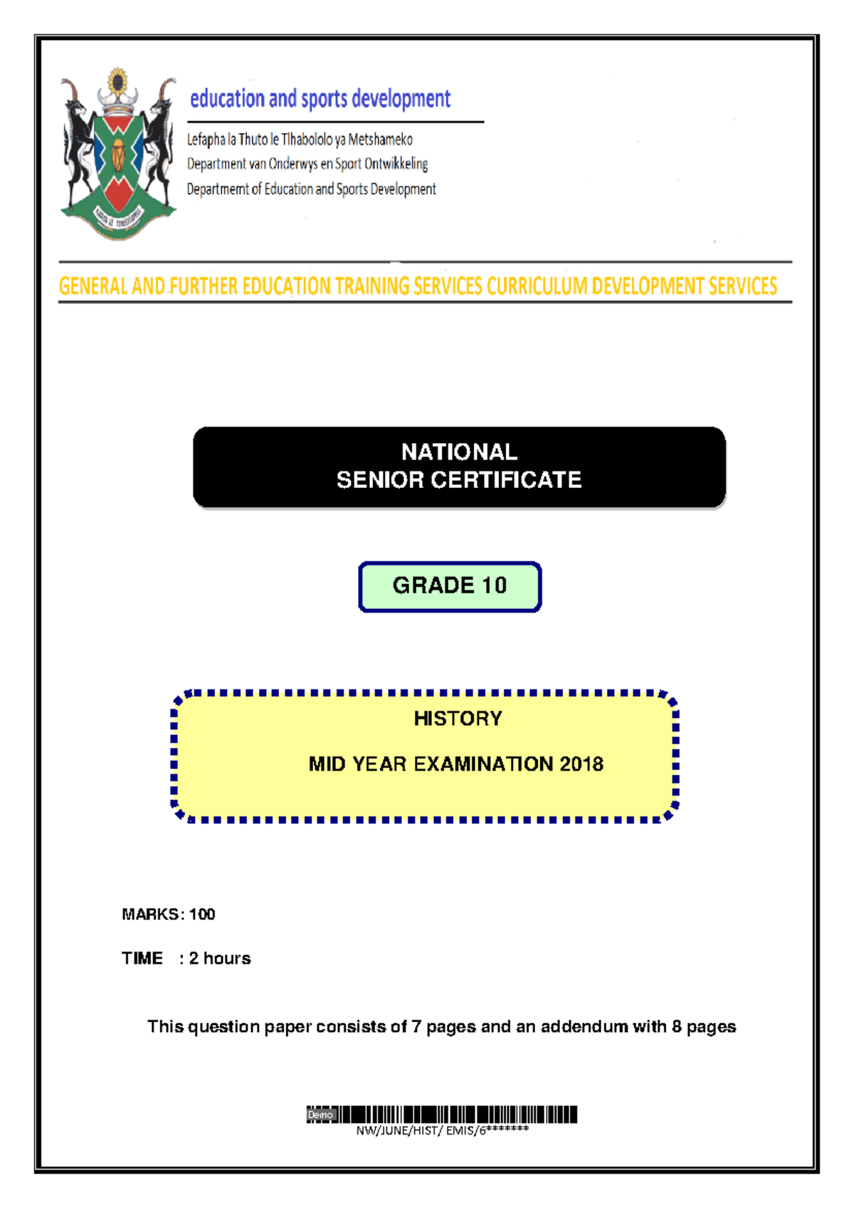 Examplar-testgrade10 - HISTORY NSC NW/MID YEAR 2018 Demo MARKS: 100 ...