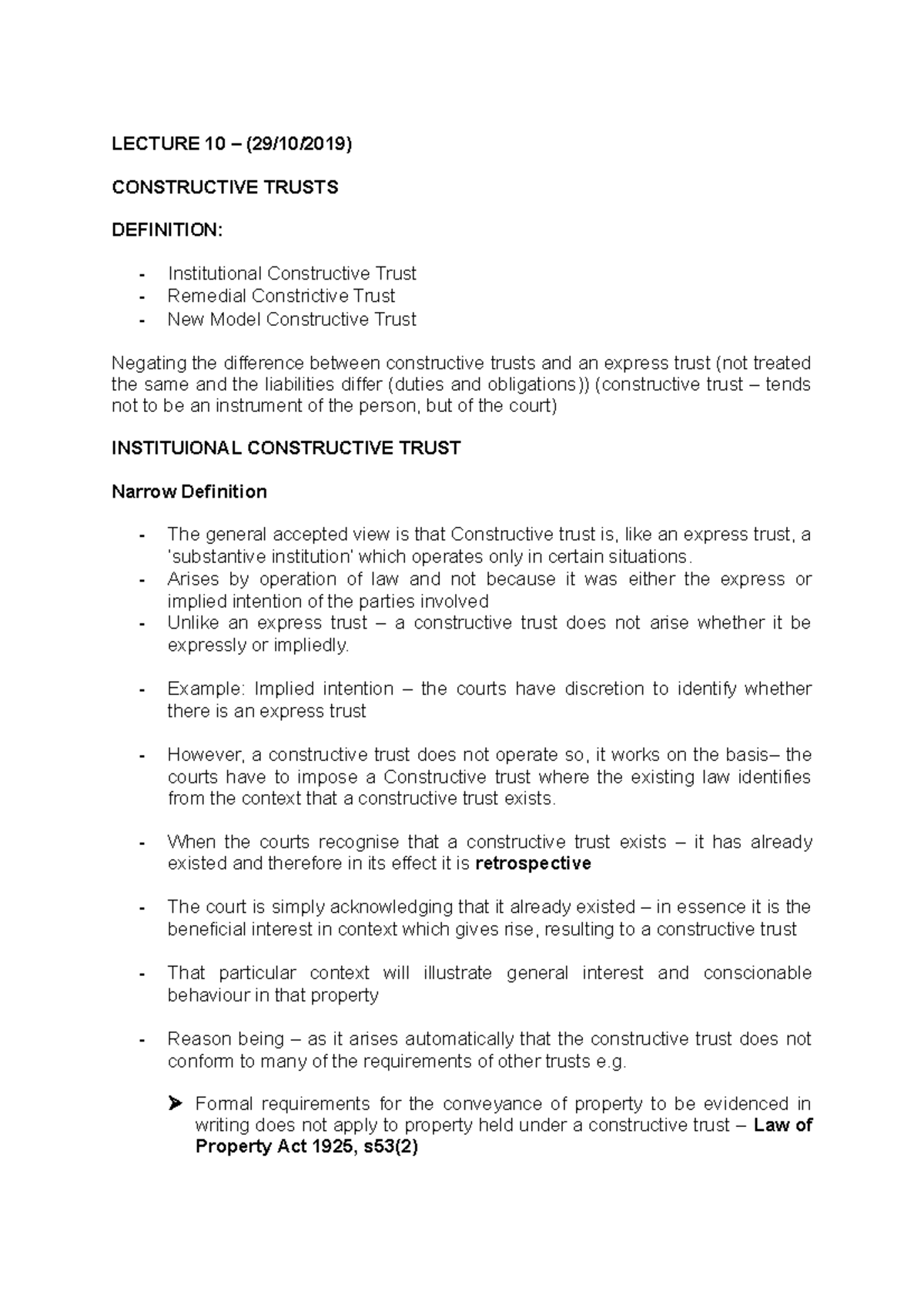 Lecture 10 - LECTURE 10 – (29/10/2019) CONSTRUCTIVE TRUSTS DEFINITION: Institutional ...