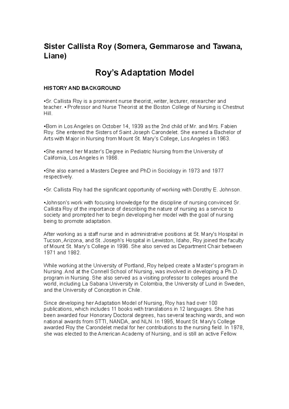 Sister Callista Roy Final - Sister Callista Roy (Somera, Gemmarose and ...