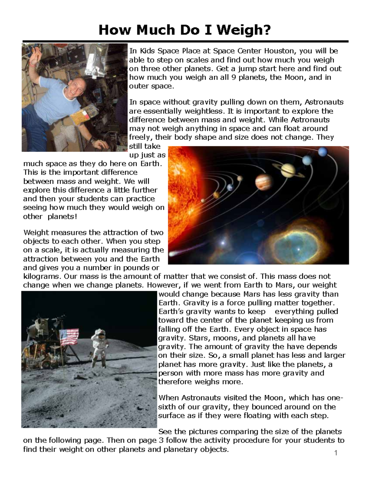 Activities-How Much Do IWeigh - How Much Do I Weigh? In Kids Space ...