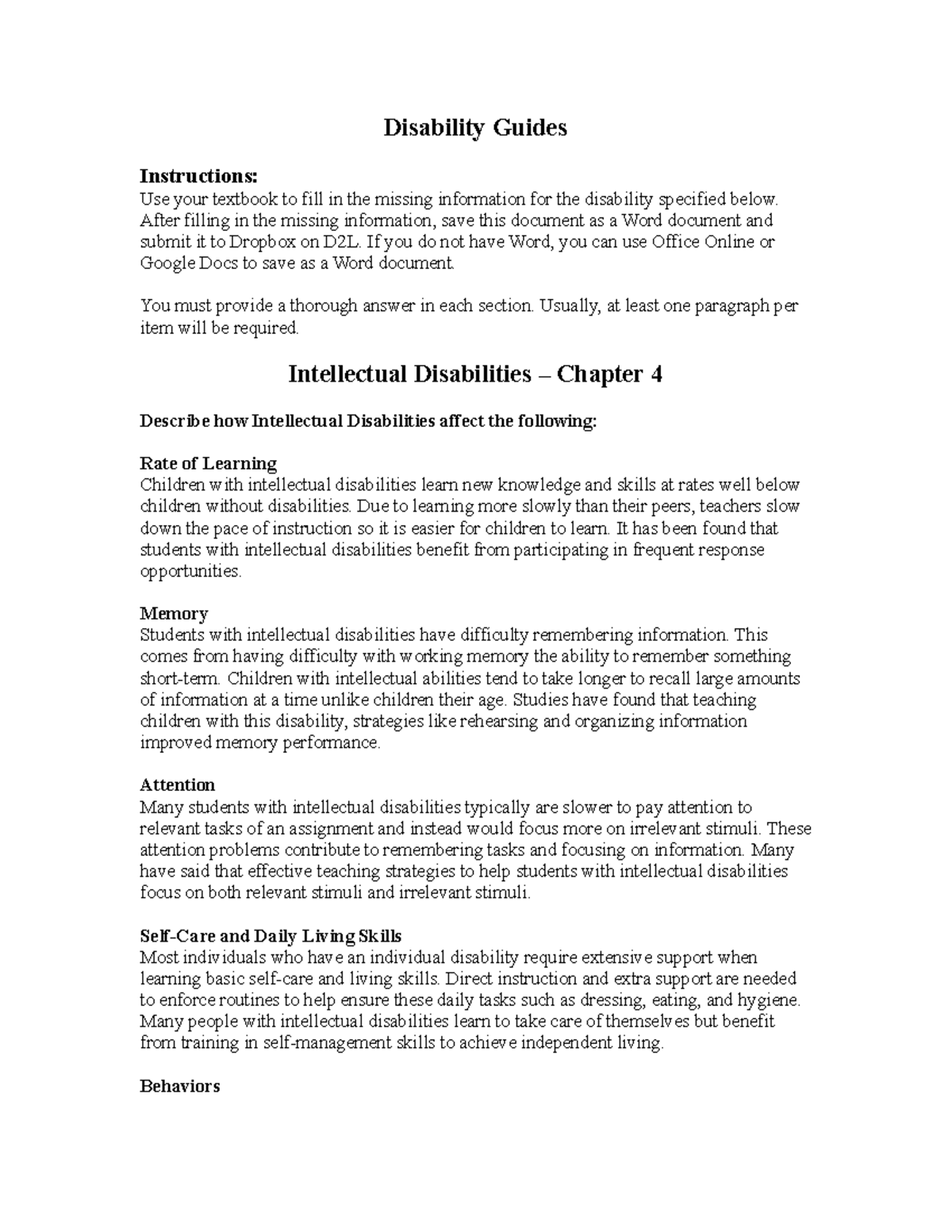 SPE329 Disability Guide intellectual disabilities - Disability Guides Instructions: Use your ...