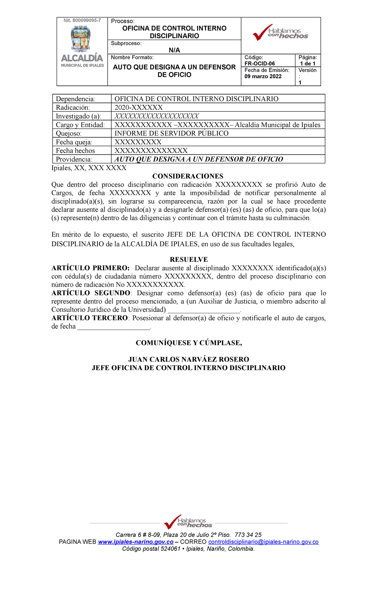 FR-OCID-06 - AUTO QUE Designa A UN Defensor DE Oficio - Nit. 800099095 ...