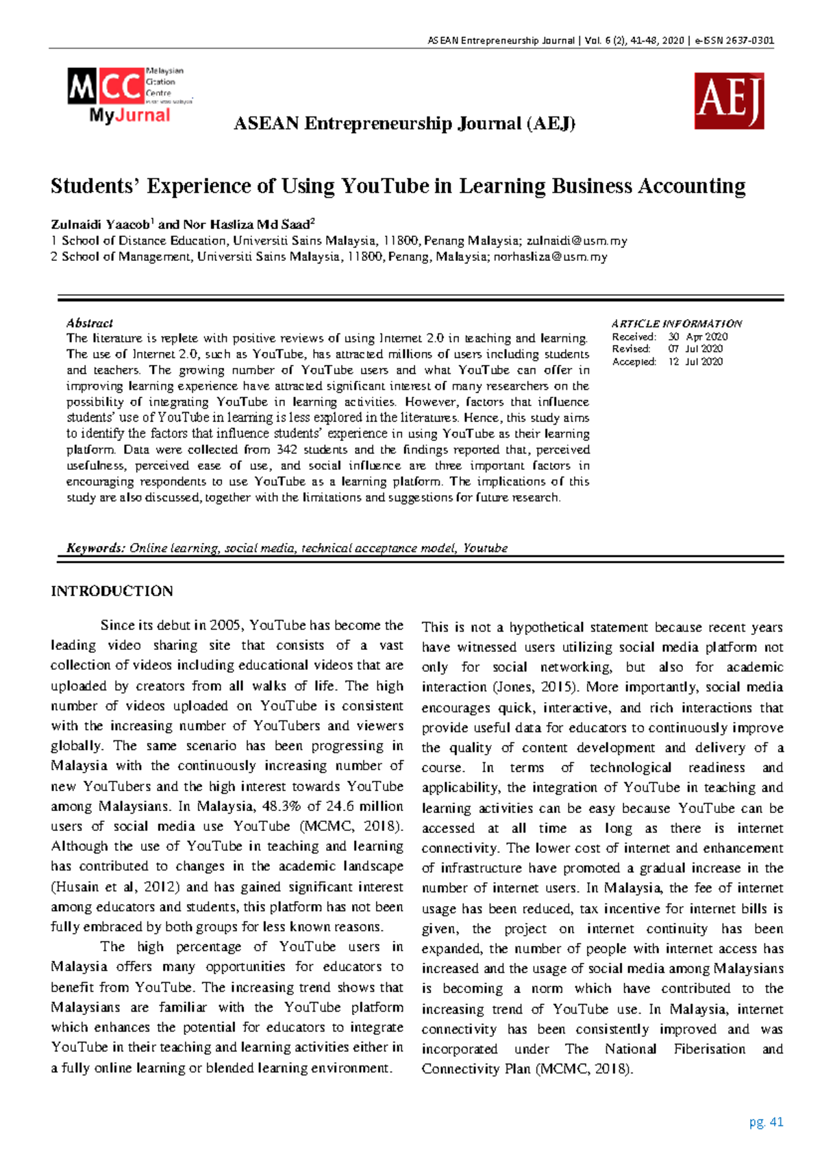 Youtube as a tool - research - ASEAN Entrepreneurship Journal (AEJ ...