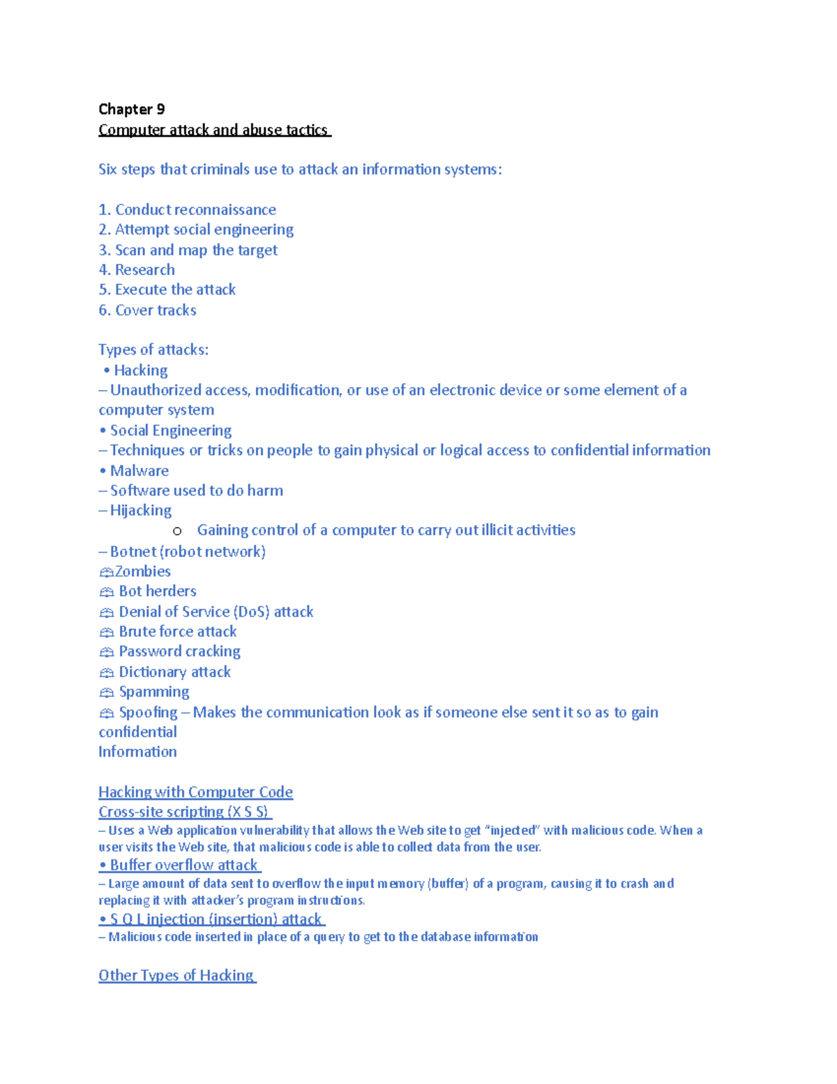 ITAC Chapter 9 & 10 - Chapter 9 Computer attack and abuse tactics Six ...