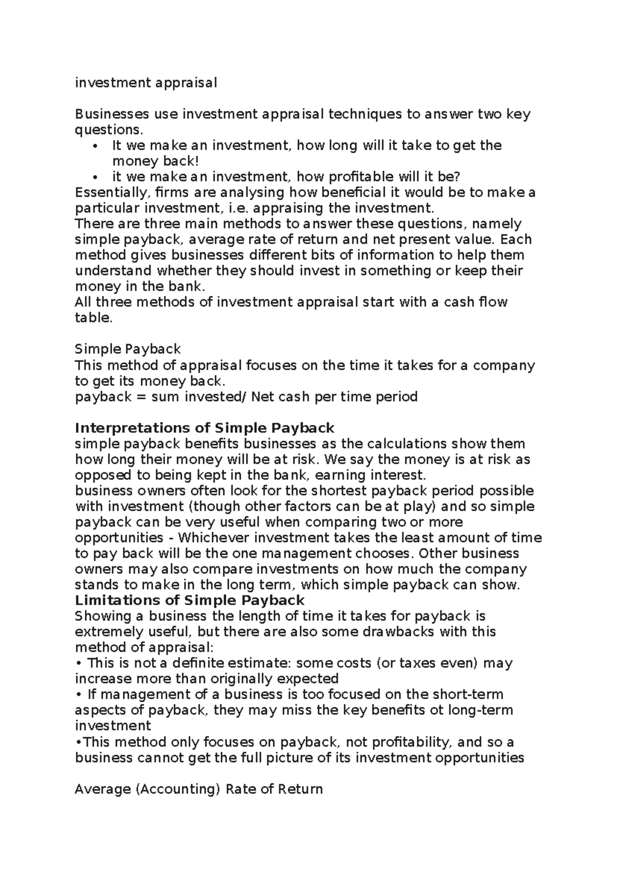 Investement appraisal - It we make an investment, how long will it take ...