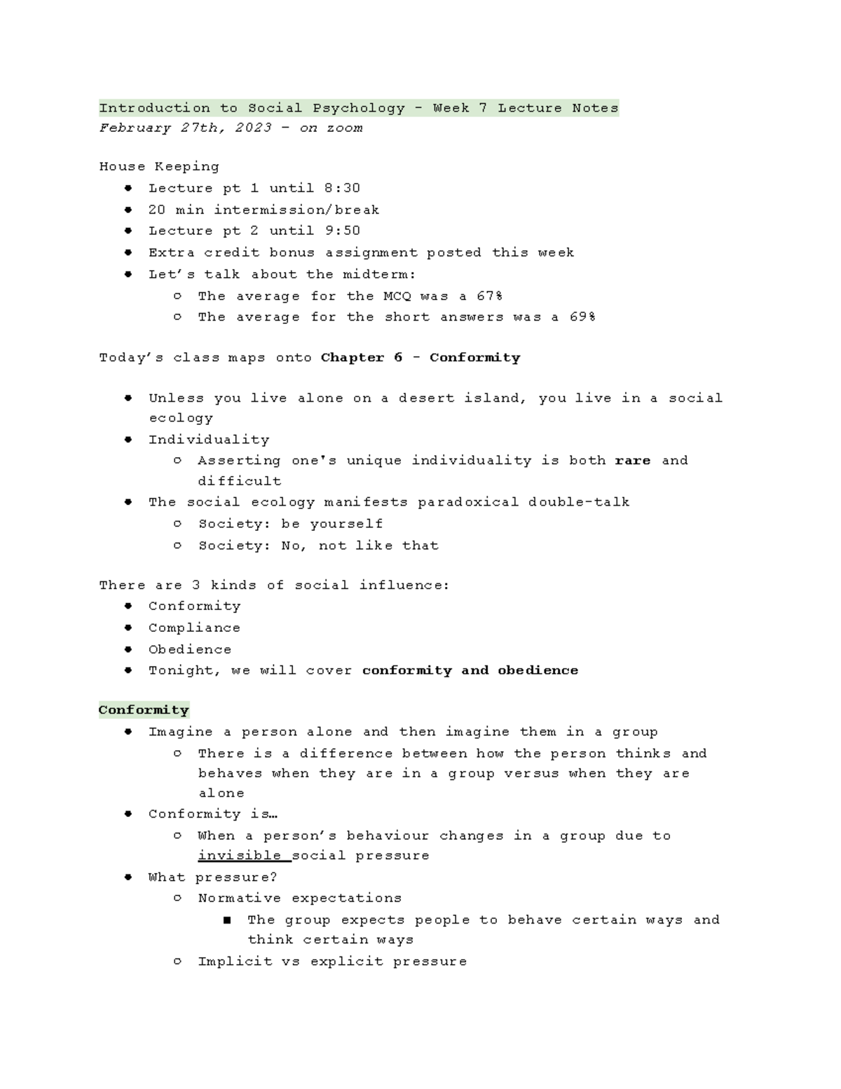 PSYC 2360 Week 7 Notes - Introduction to Social Psychology - Week 7 ...