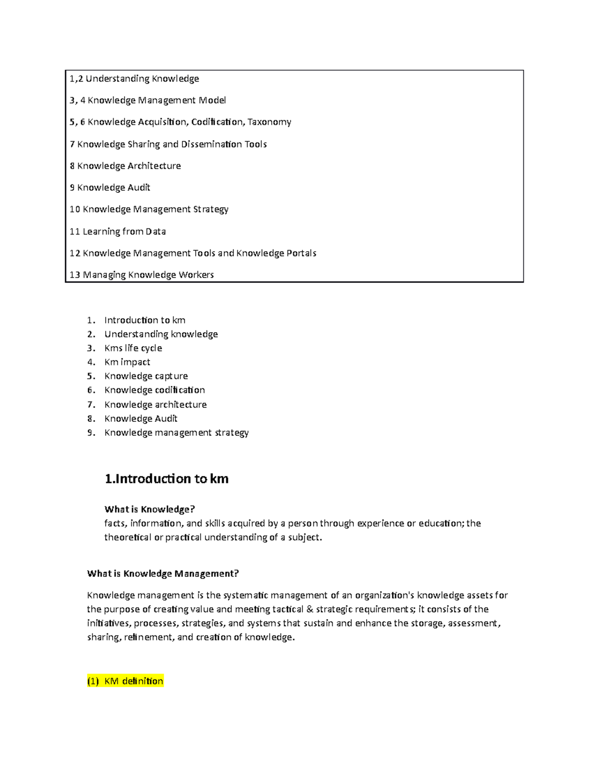 Km - Km_ch1-ch2 - 1,2 Understanding Knowledge 3, 4 Knowledge Management ...