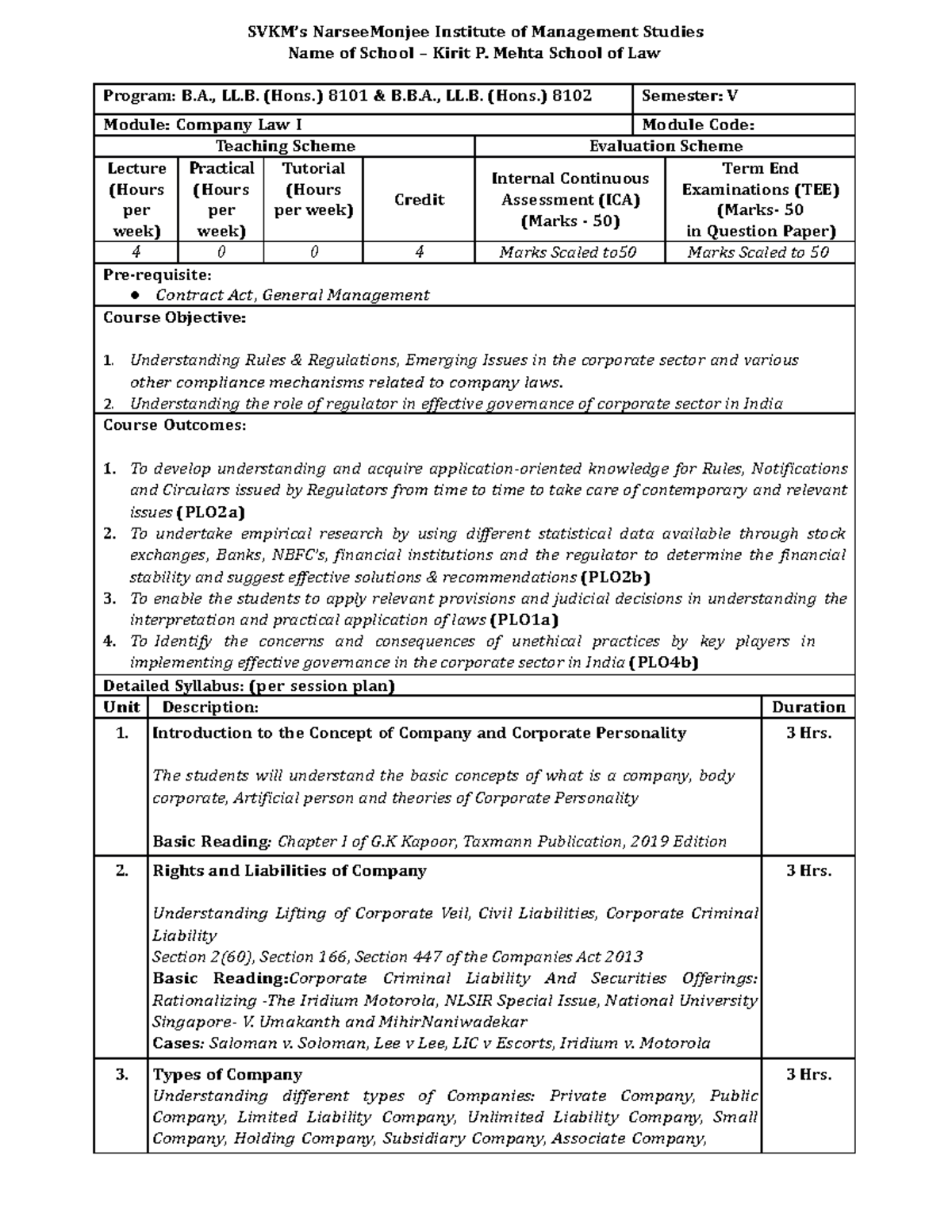 Course Outlines Sem V Company Law I - Program: B., LL. (Hons.) 8101 & B ...