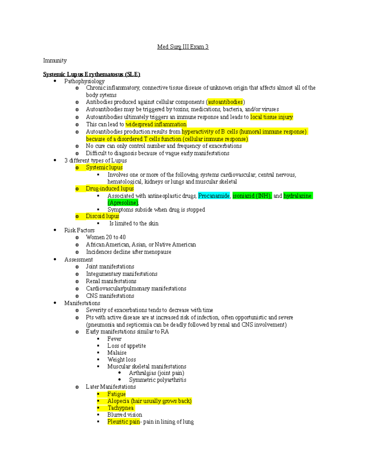 Immunolgic Disorders - Med Surg III Exam 3 Immunity Systemic Lupus ...