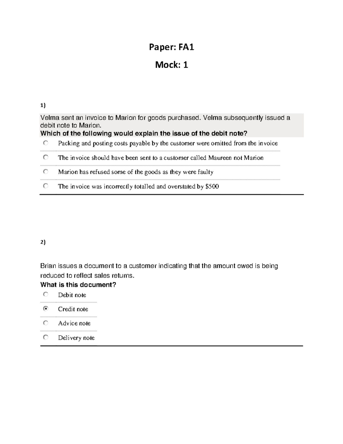 FA1 Test 1 - Financial accounting - Paper: FA Mock: 1 Velma sent an ...